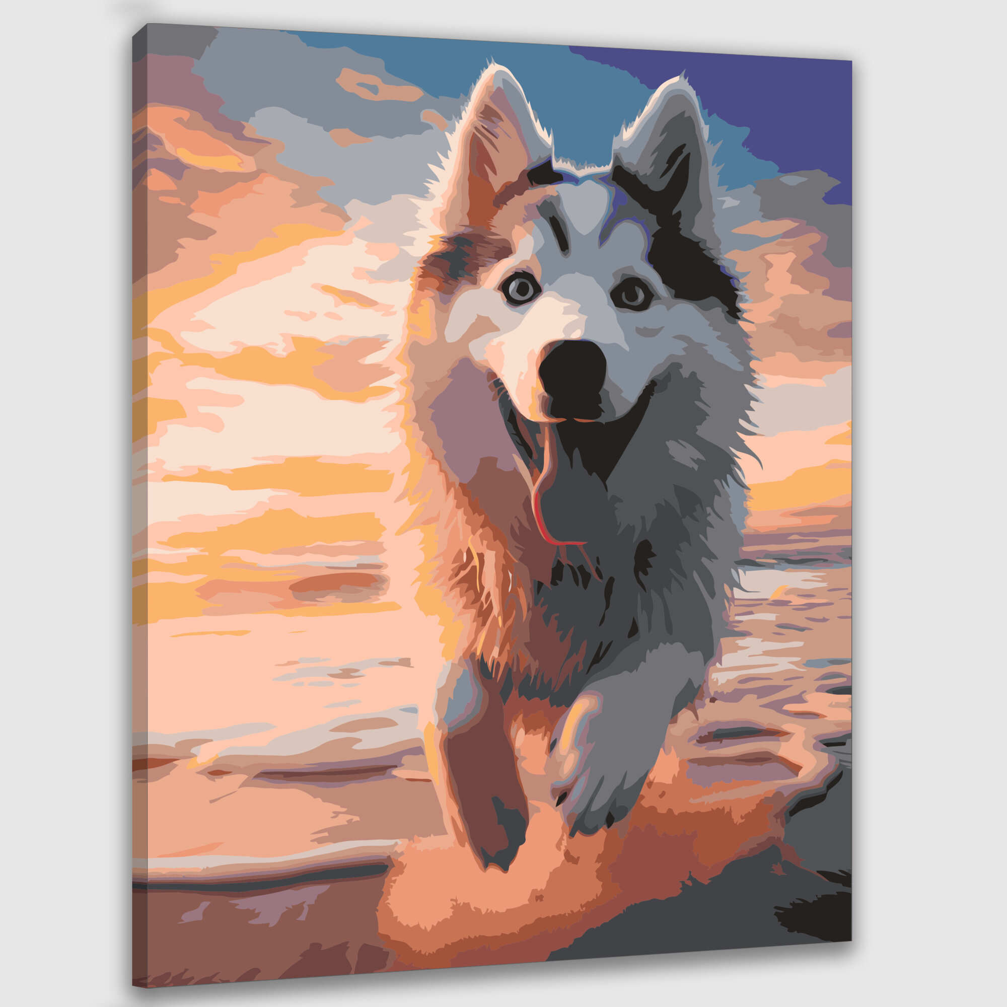 Картина по номерам 40x50 см, хаски, песчаный пляж, разбивающиеся волны, сияющий закат, небо, свобода, приключения