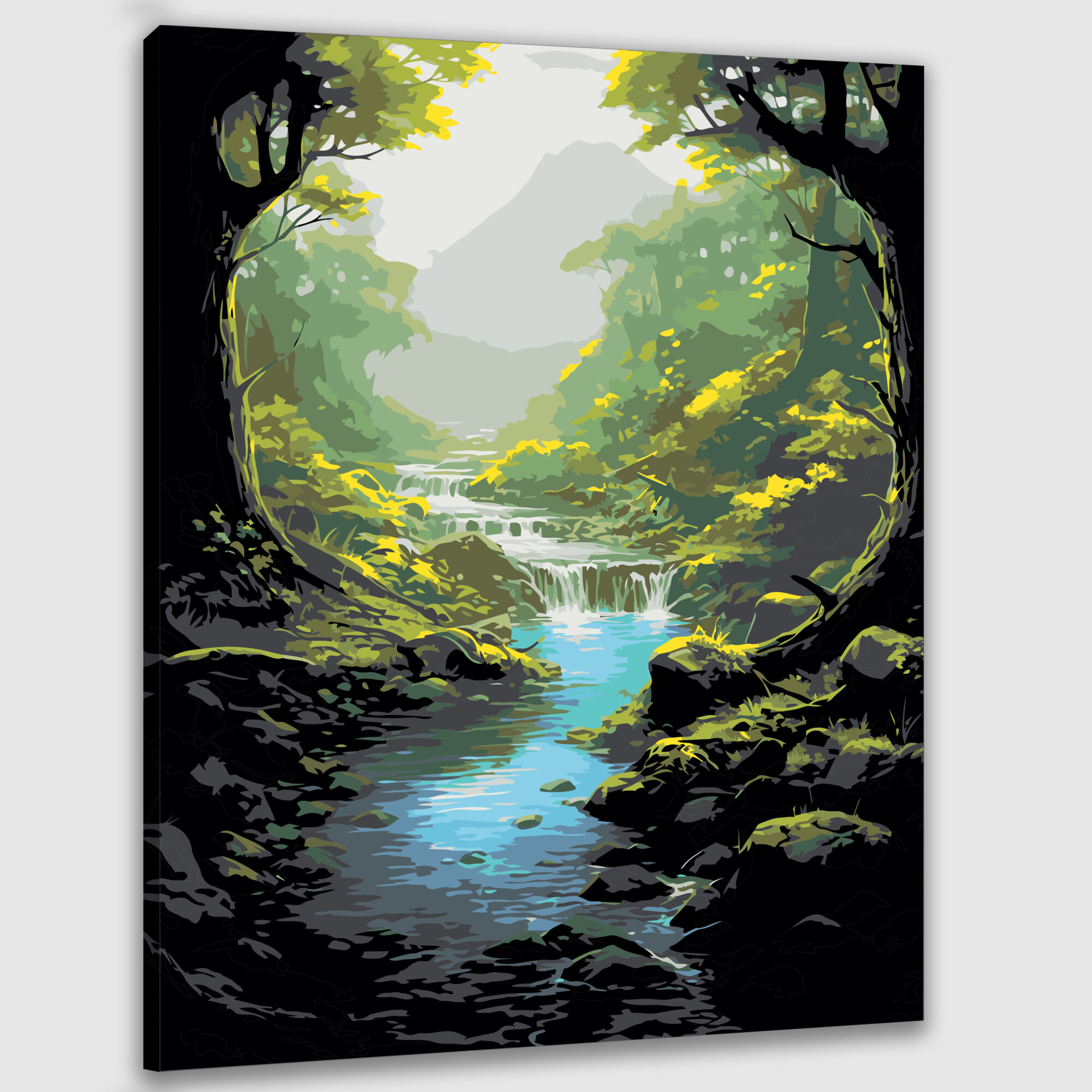 Картина по номерам 40x50 см, эльфийская река, кристально чистая вода, отражение деревьев, яркая зелень
