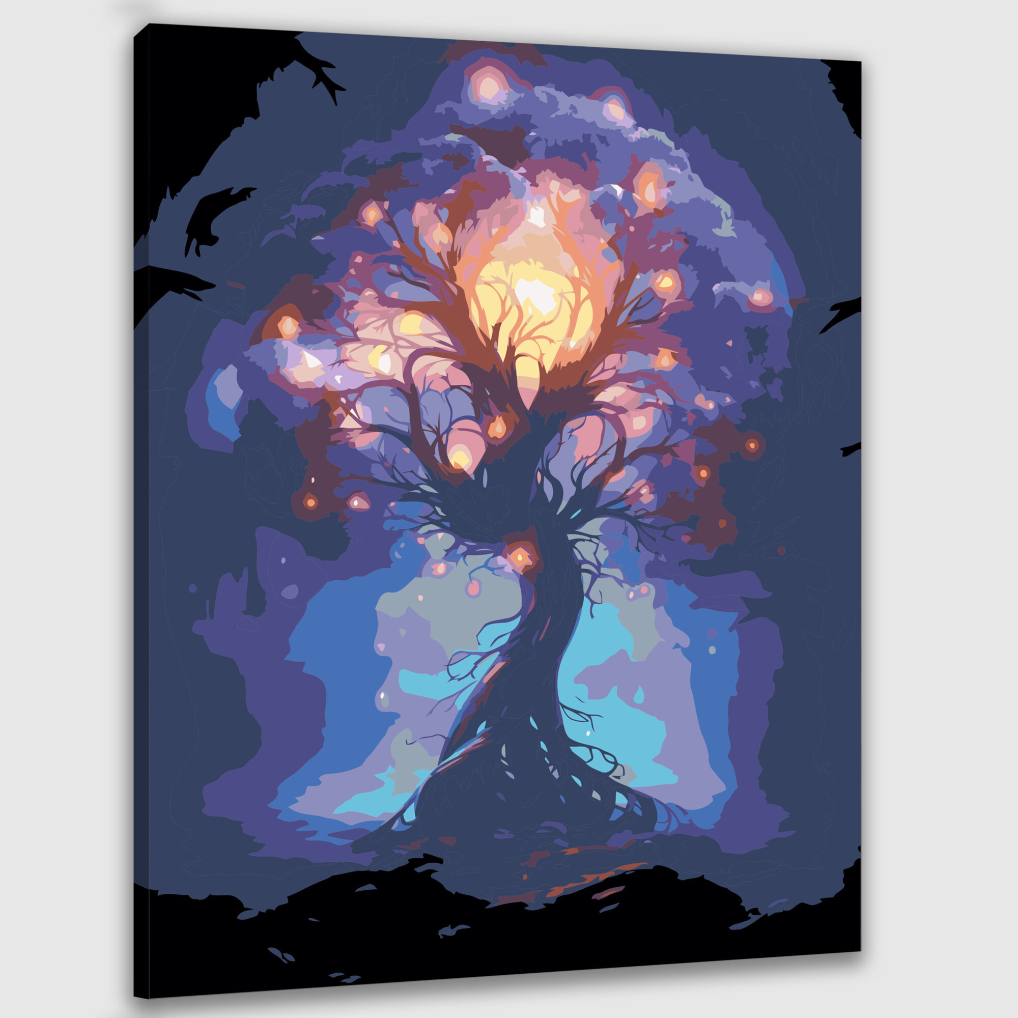 Картина по номерам 40x50 см, дерево, мечты, сюрреализм, переплетенные ветви, парящие шары света, мистическая атмосфера