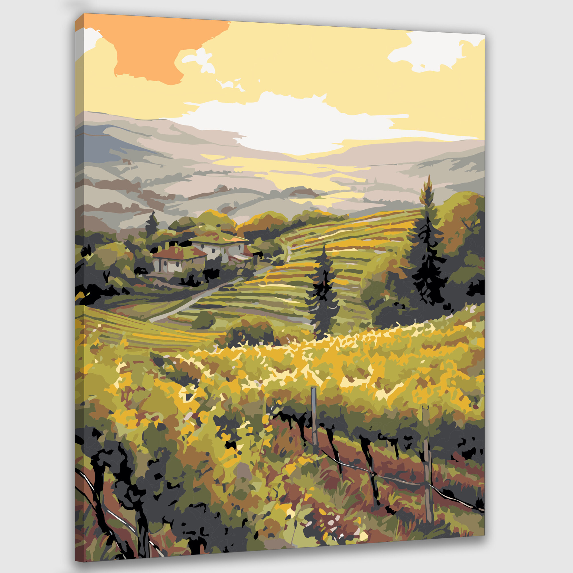 Картина по номерам 40x50 см, акварельная картина, виноградник, золотой свет, закат, "Вино смысла", зеленые лозы