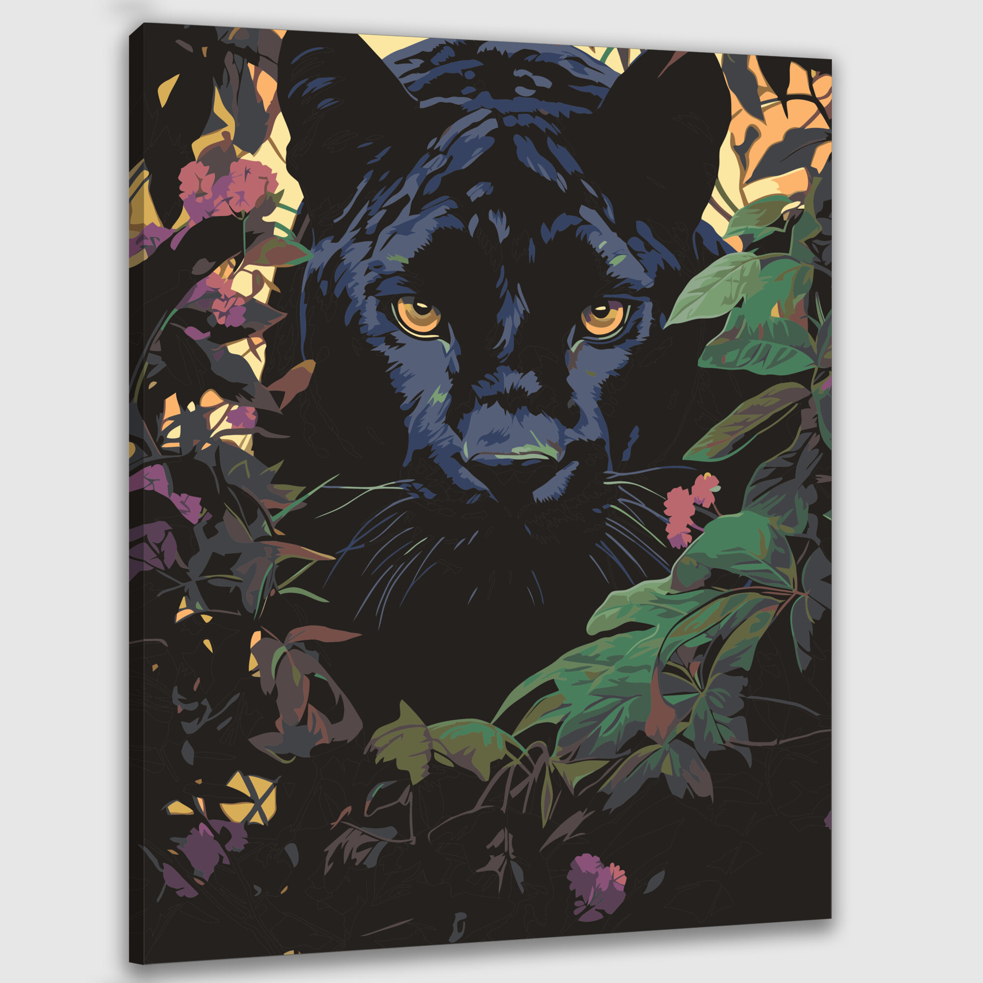 Картина по номерам 40x50 см, пантера, иллюстрация, глаза, зеленые, тропическая листва, яркий