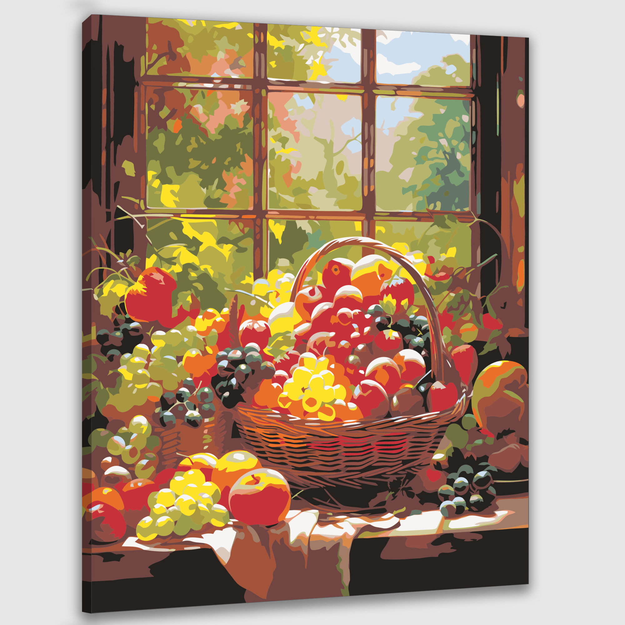 Картина по номерам 40x50 см, яркий, аппетитный, натюрморт, фруктовая корзина, клубника, виноград, цитрусовые