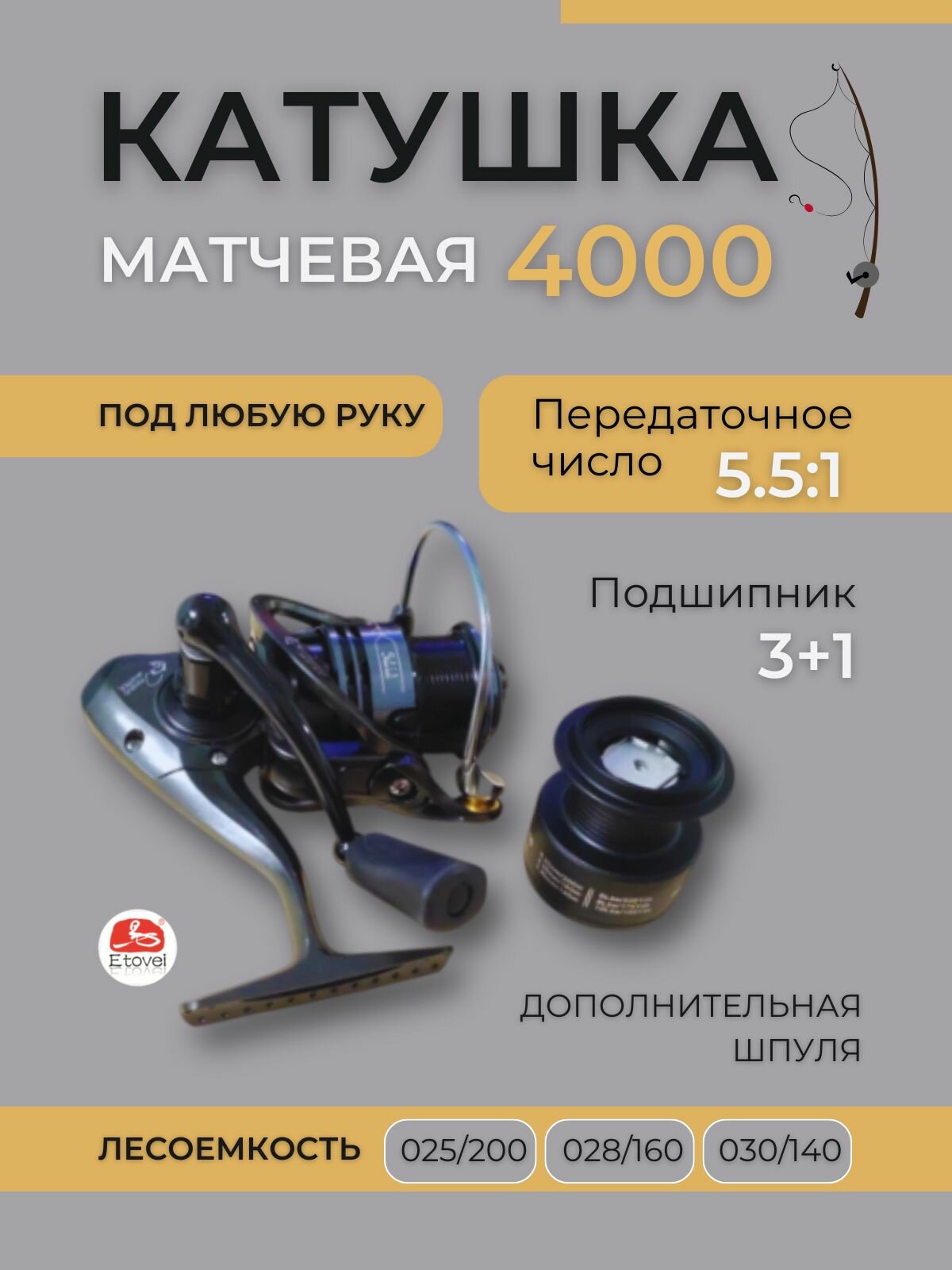 Катушка для зимней удочки FISHING MASTER HB-LY4000 матчевая с передним фрикционом, 3+1 подшипник
