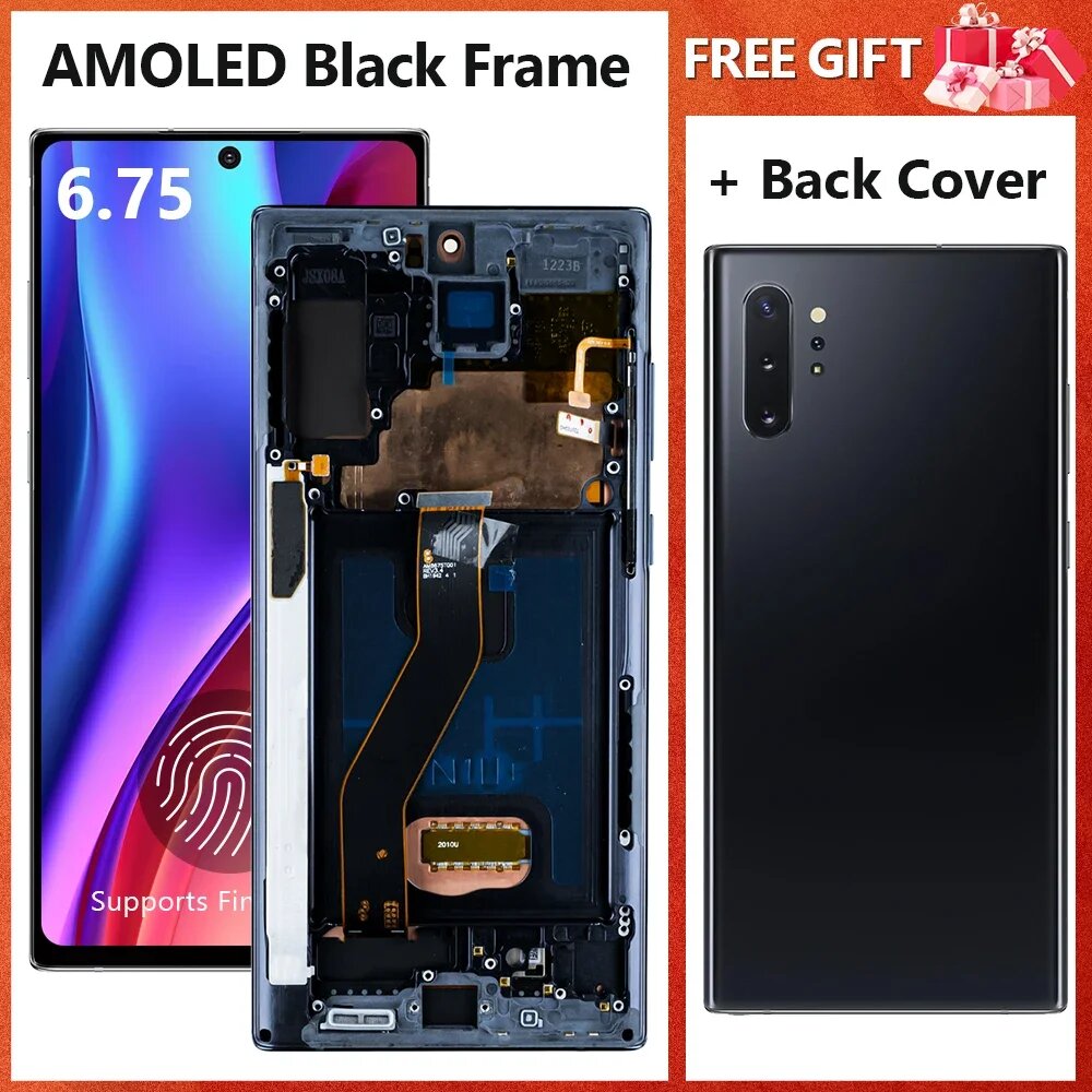 AMOLED для Sumsung Galaxy Note 10 Plus, сенсорный ЖК-экран Note10 + N975F, ЖК-дисплей с рамкой, замена дигитайзера в сборе Black Kit