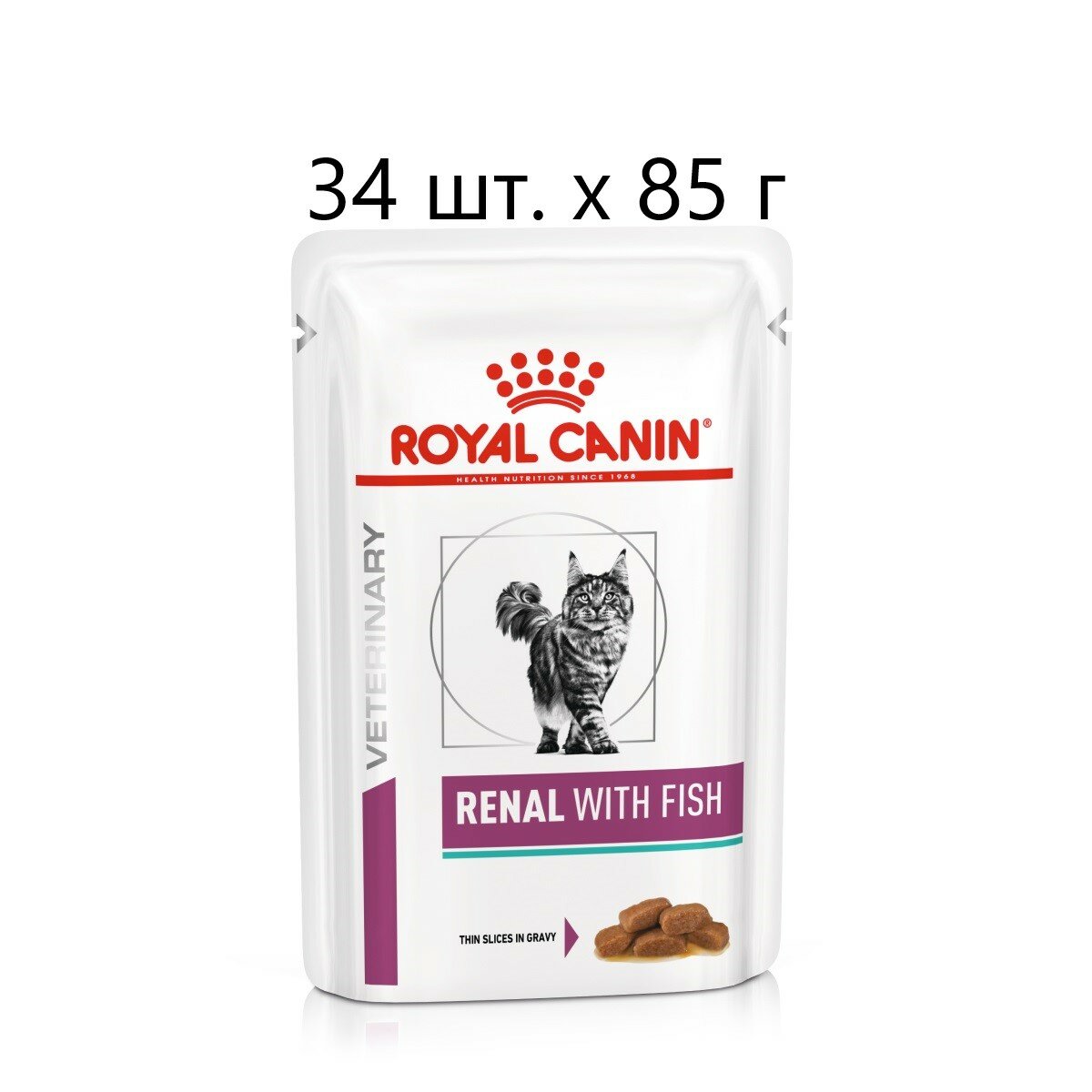 Влажный корм для кошек Royal Canin Renal whit fish, при проблемах с почками, c рыбой, 34 шт. х 85 г (кусочки в соусе)