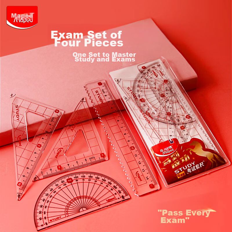 Maped Exam Ruler Set 4 Pieces, Ruler for Primary School Students, Wavy Straight Ruler 15cm, Triangle Ruler, Protractor, Drawing And Measuring Tools Set, Specialized for Middle And High School Exams 981799CH