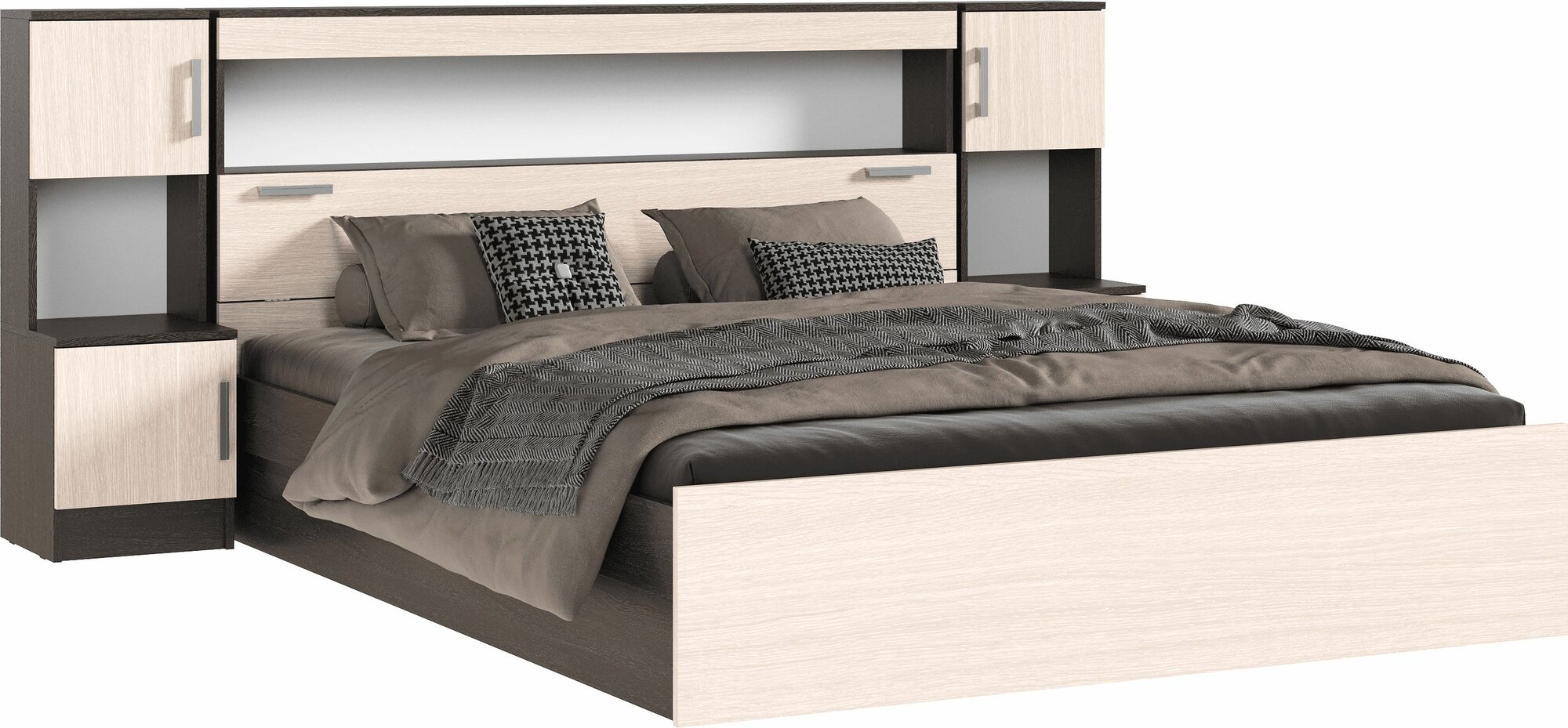 Басямиф Кровать 1,6м с надстройкой с тумбами (дуб беленый/венге) (Миф)