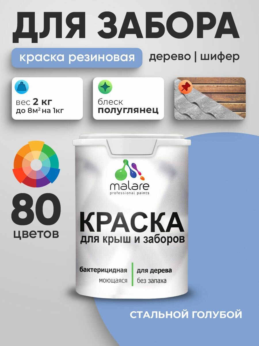 Резиновая краска Malare для деревянного забора/ по дереву для наружных и внутренних работ/ быстросохнущая моющаяся без запаха полуглянцевая, стальной голубой, 2 кг.