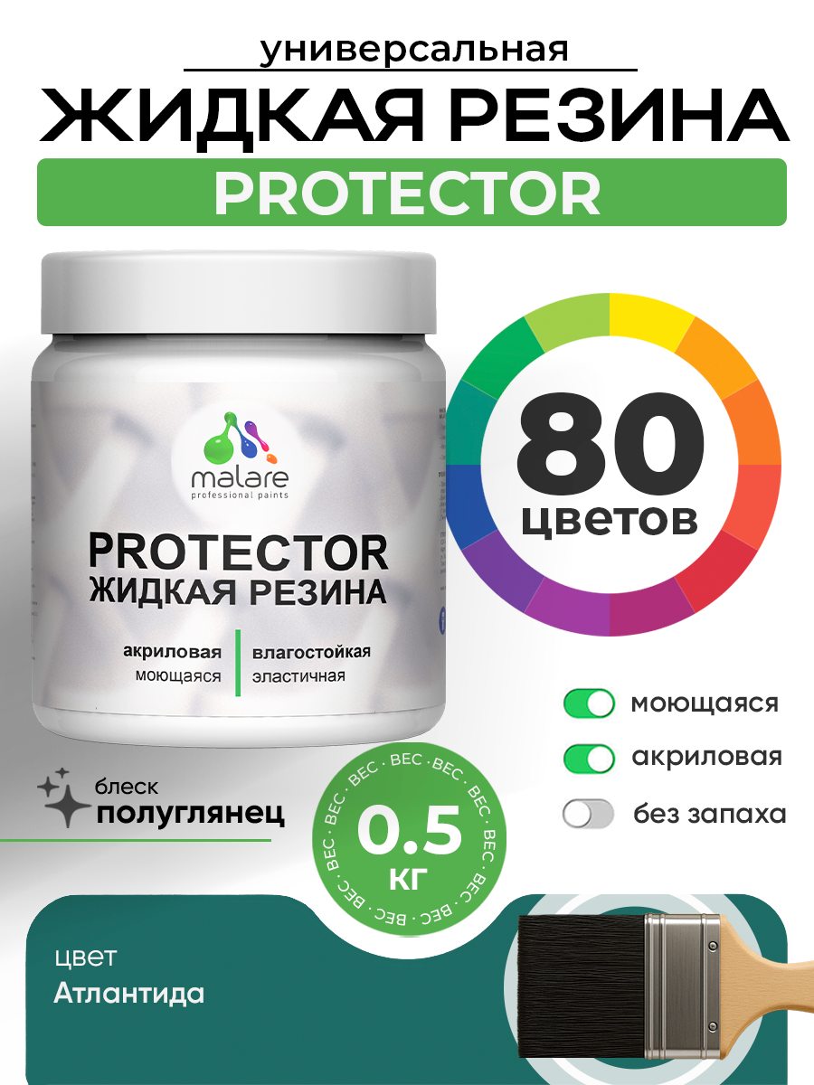 Жидкая резина Malare PROTECTOR, эластичная резиновая краска для внутренних и наружных работ, универсальная для дерева, бетона, металла, быстросохнущая, влагостойкая, полуглянцевая, атлантида, 0.5 кг.