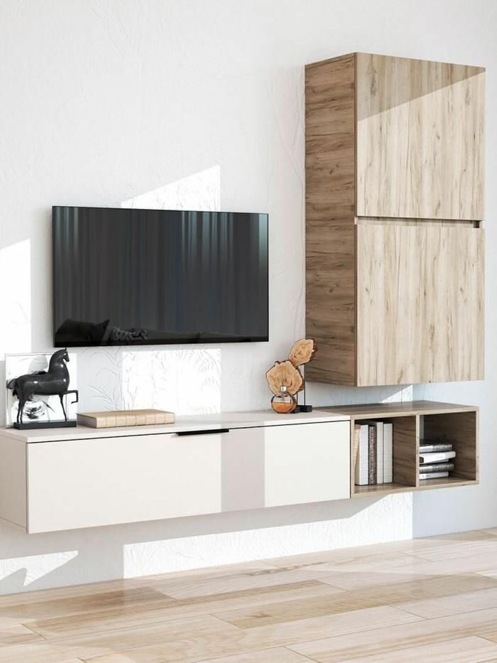 Гостиная комплект Бохо, навесной шкаф, настенная полка, 180х35х195 см, Дуб Крафт серый / Кашемир