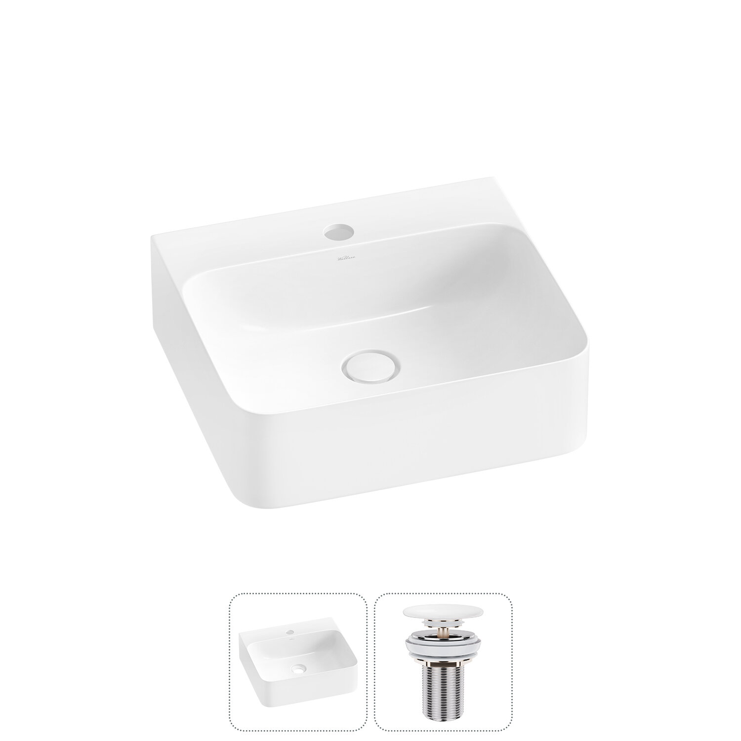 Подвесная или накладная раковина в ванную комнату Wellsee Clermont 302601000 в наборе 2 в 1: раковина 43 см в цвете белый глянец, донный клапан