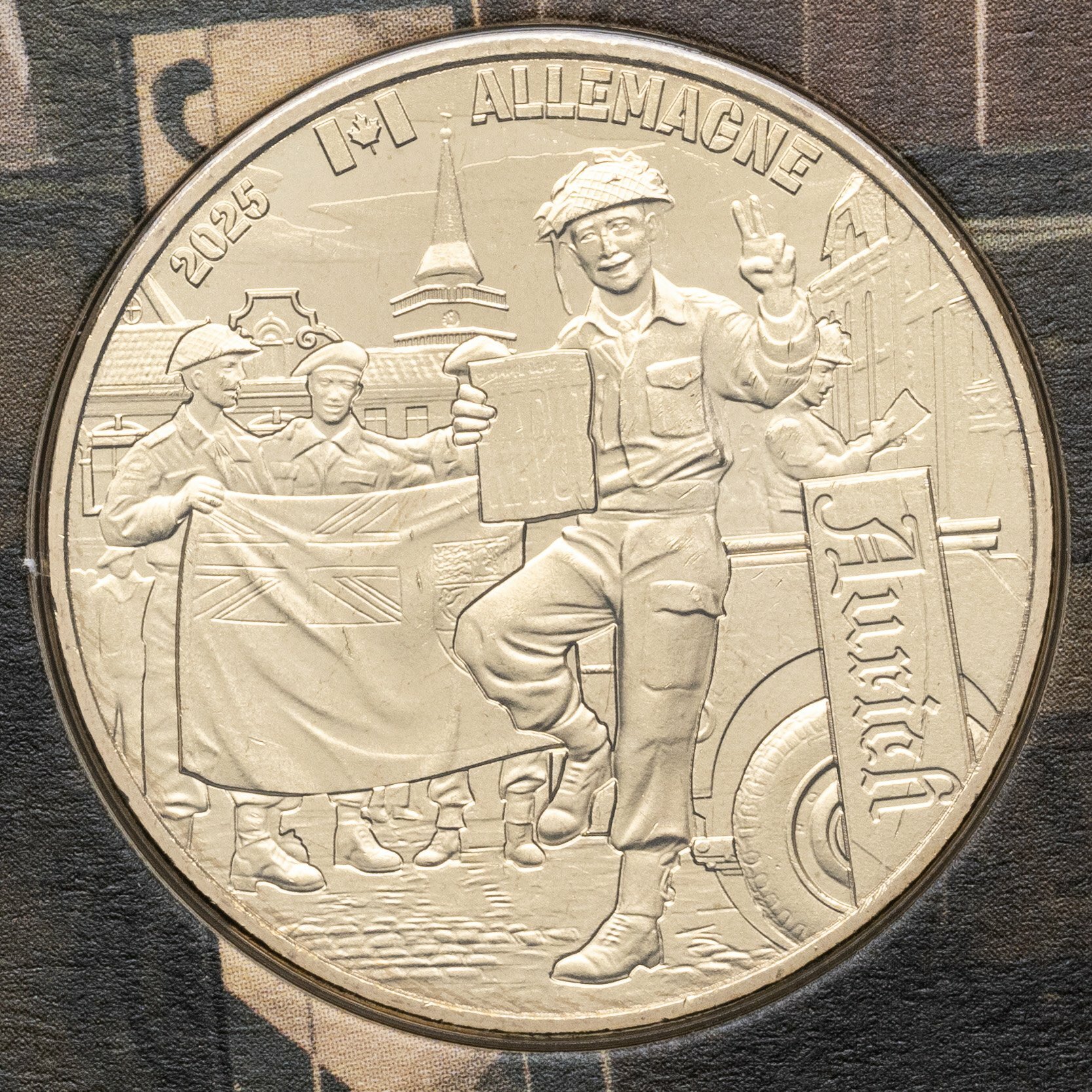 Франция 1/4 евро euro 2025 "День Победы - Германия - канадский солдат", в блистере, Сталь покрытая медью, в сохранности UNC
