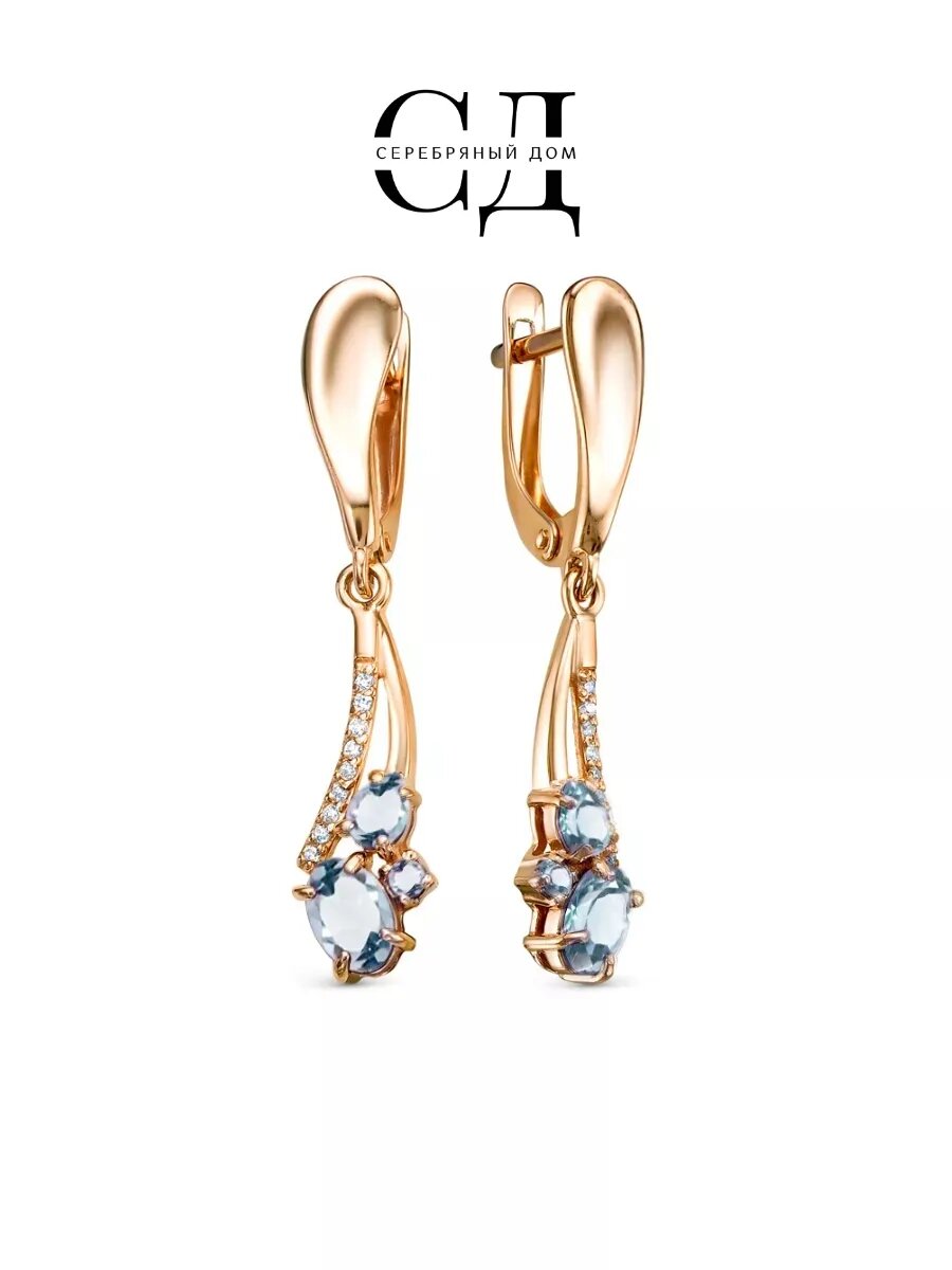 Серьги, серебро, 925, 585 проба, золочение, топаз, фианит