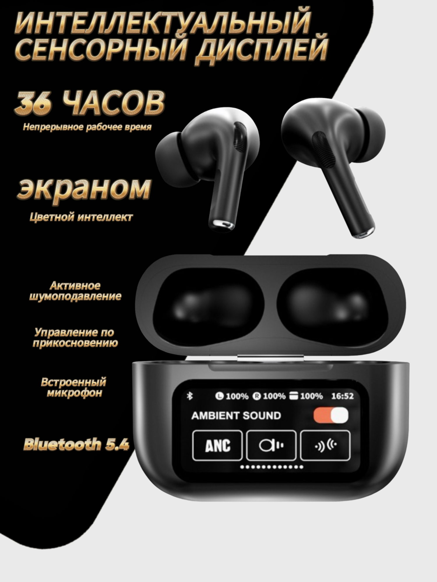 Беспроводные наушники с сенсорным дисплеем. Блютуз Bluetooth 5.4, умное управление. Звонки, музыка, игры. / модель A9 Pro / цвет черный
