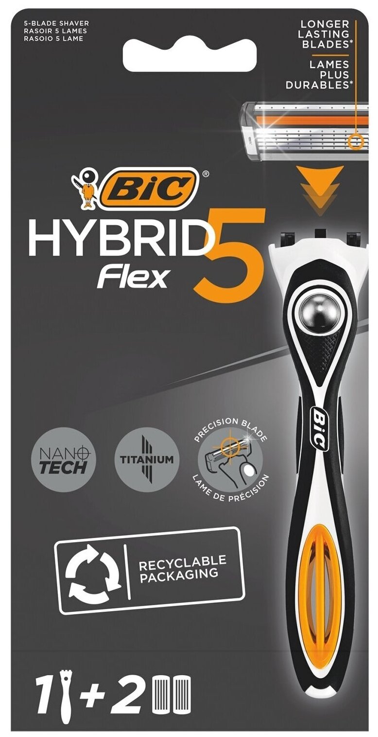 Бритвенный станок мужской BIC Hybrid 5 Flex, 1 ручка, 2 сменные кассеты