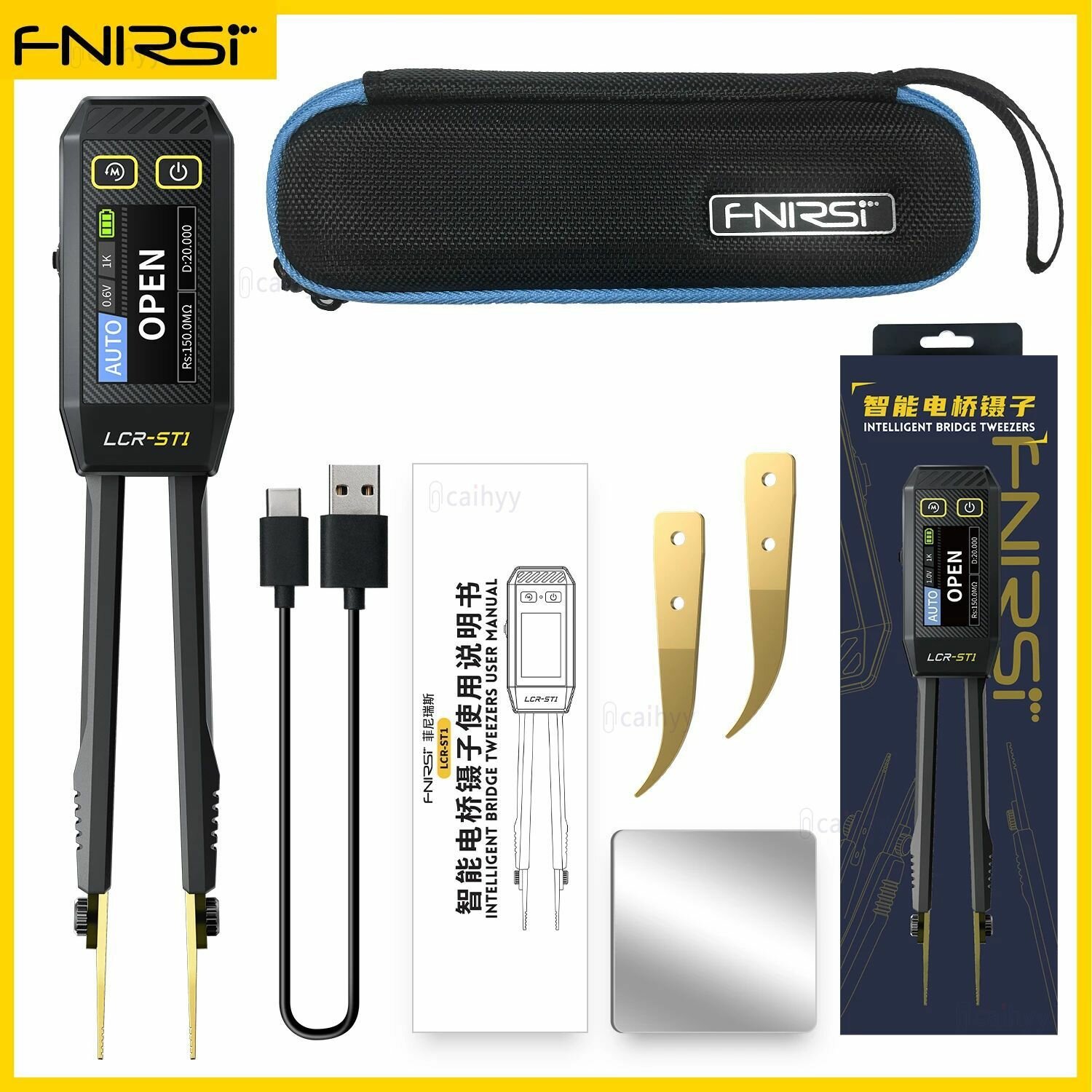 Мини-интеллектуальный пинцет FNIRSI LCR-ST1, тестер LCR SMD ESR, инструмент для проверки и измерения целостности диодов, сопротивления, емкости и индуктивности-черный