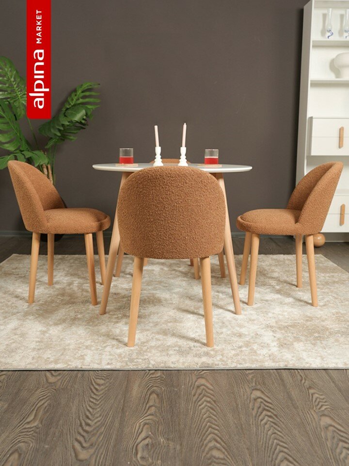 Стол SEDUM D90см + стул PAFUTTI 4шт (массив дерева, эмаль белая, букле карамельный) обеденная группа