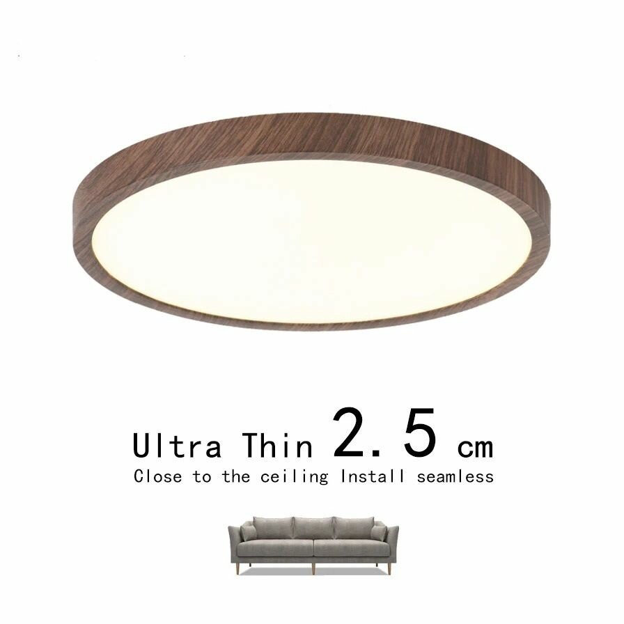 Светодиодный ультратонкий трехцветный потолочный светильник из круглой древесины грецкого ореха с зернистостью