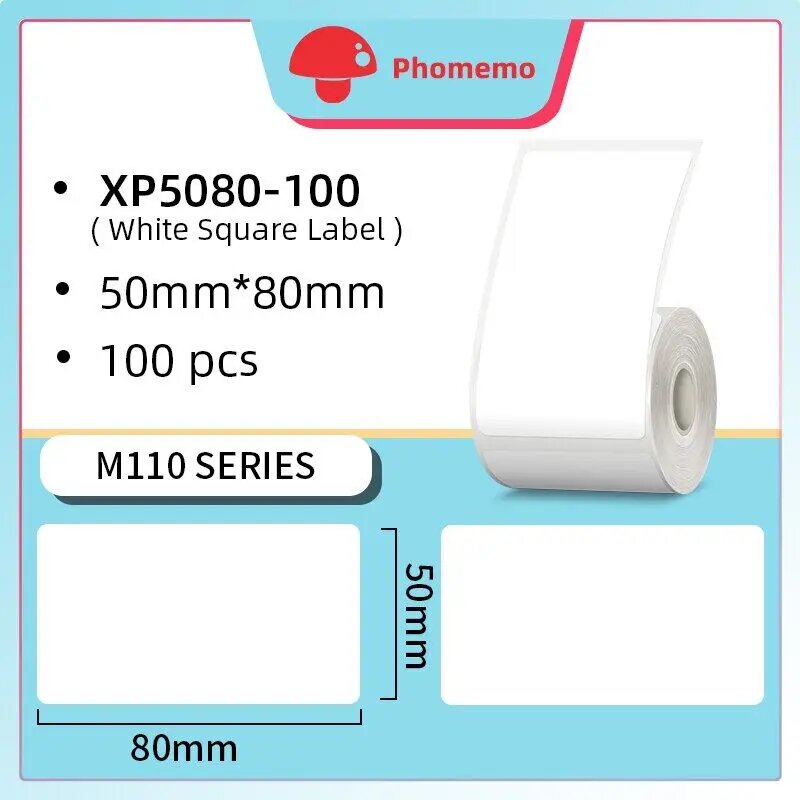 Самоклеящиеся этикетки для принтера Phomemo M110/M200 черные на белом 50x80mm-100