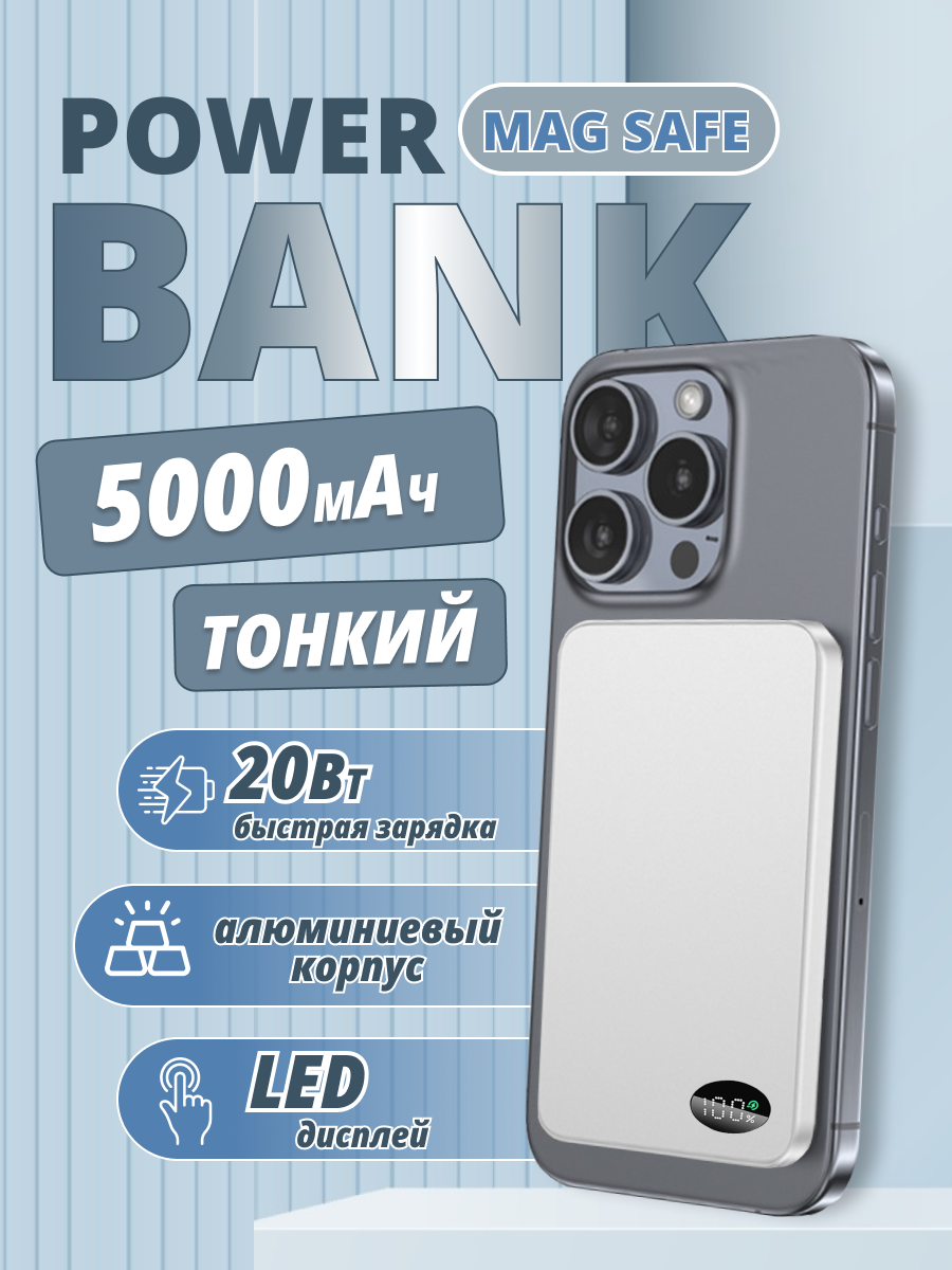 Магнитный повербанк 5000 Power Bank с быстрой беспроводной зарядкой для iPhone/ Android
