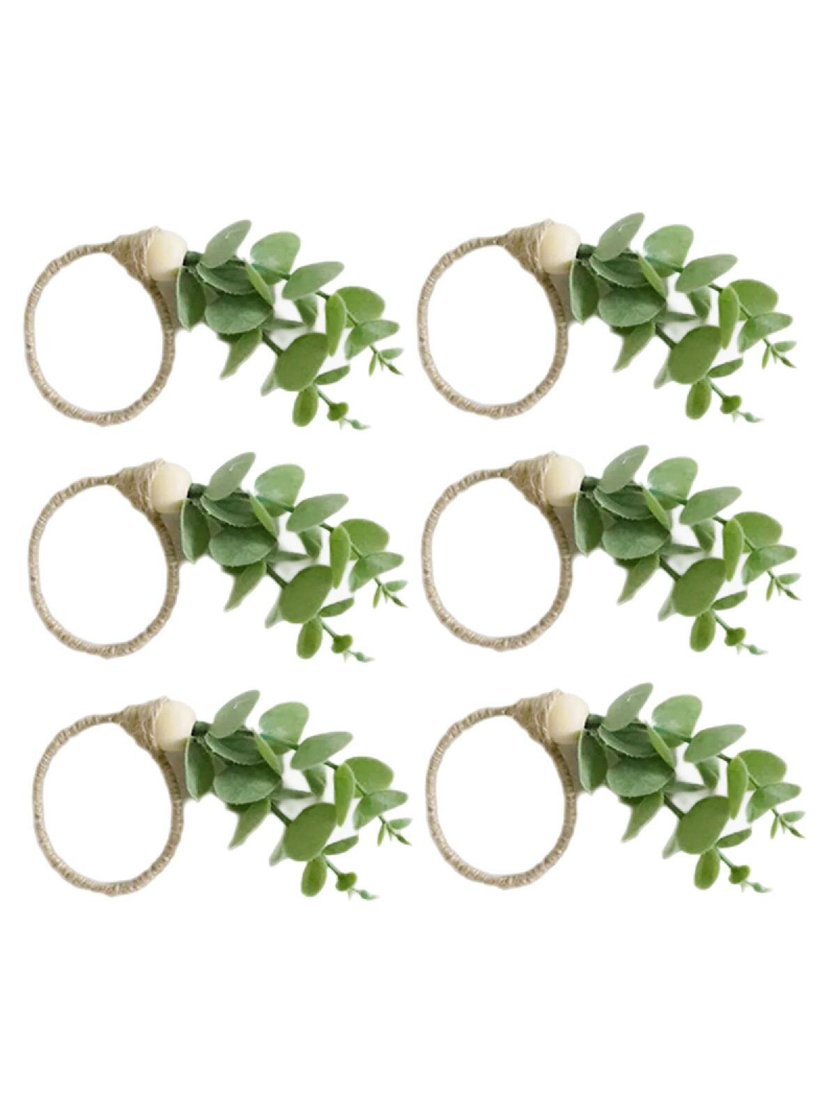 Набор из 6 колец для салфеток с деревянными бусинами, салфетки с искусственными зелеными растениями, элегантные держатели для салфеток, украшение стола