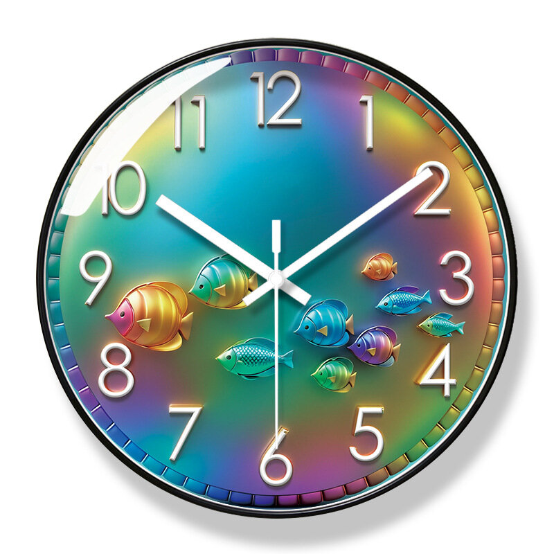 Настенные часы с разноцветными рыбками | Бесшумные кварцевые часы без тиканья | 30 см | Яркий дизайн с радужным градиентом | Современные декоративные часы для гостиной и спальни