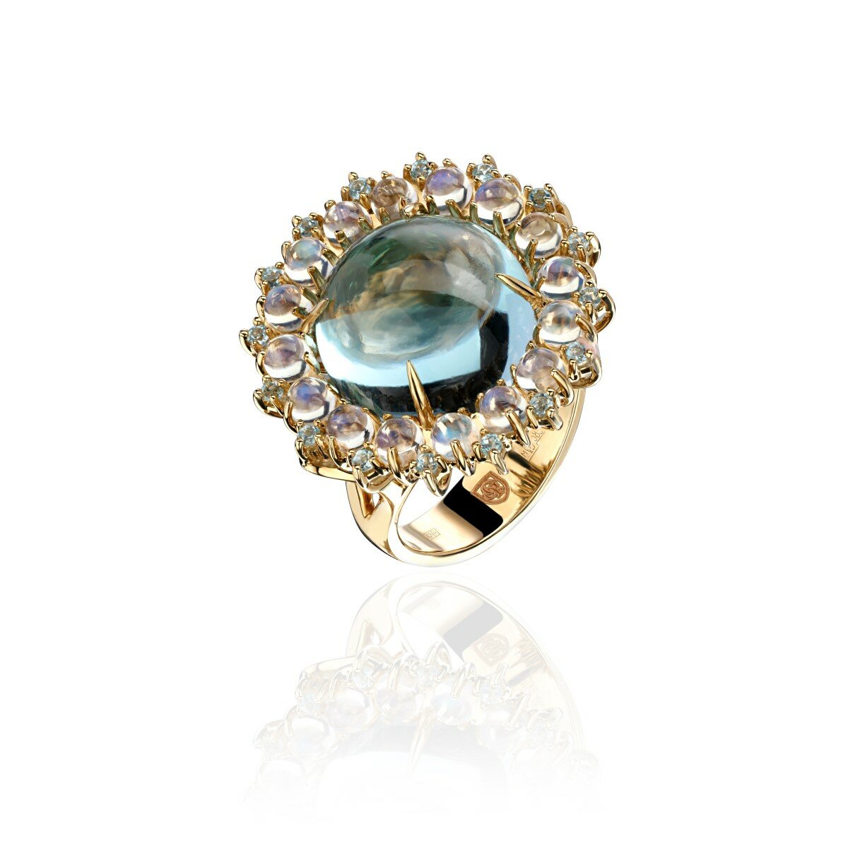 Кольцо, желтое золото, 585 проба, топаз, лунный камень