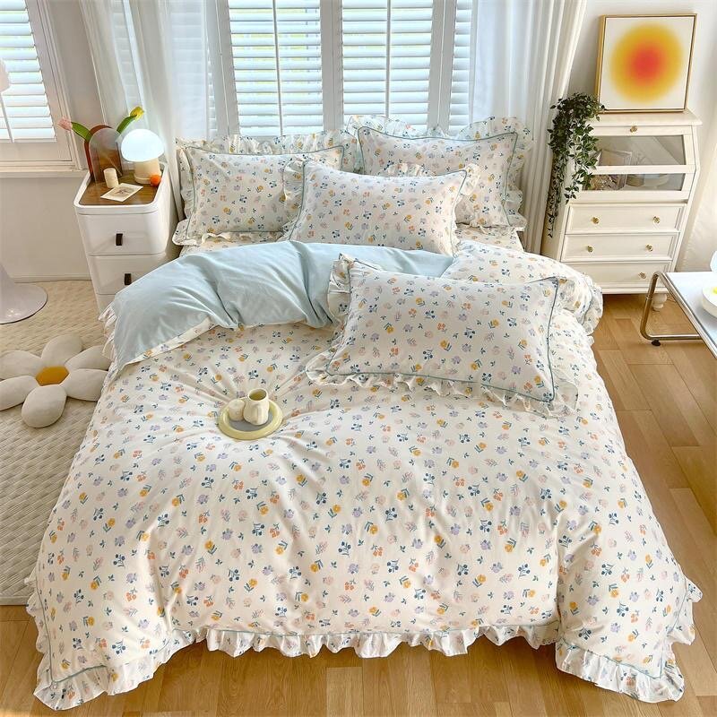 INS корейского стиля с винтажным цветочным принтом, 100% хлопок, комплект постельного белья из 4 предметов，200*230cm