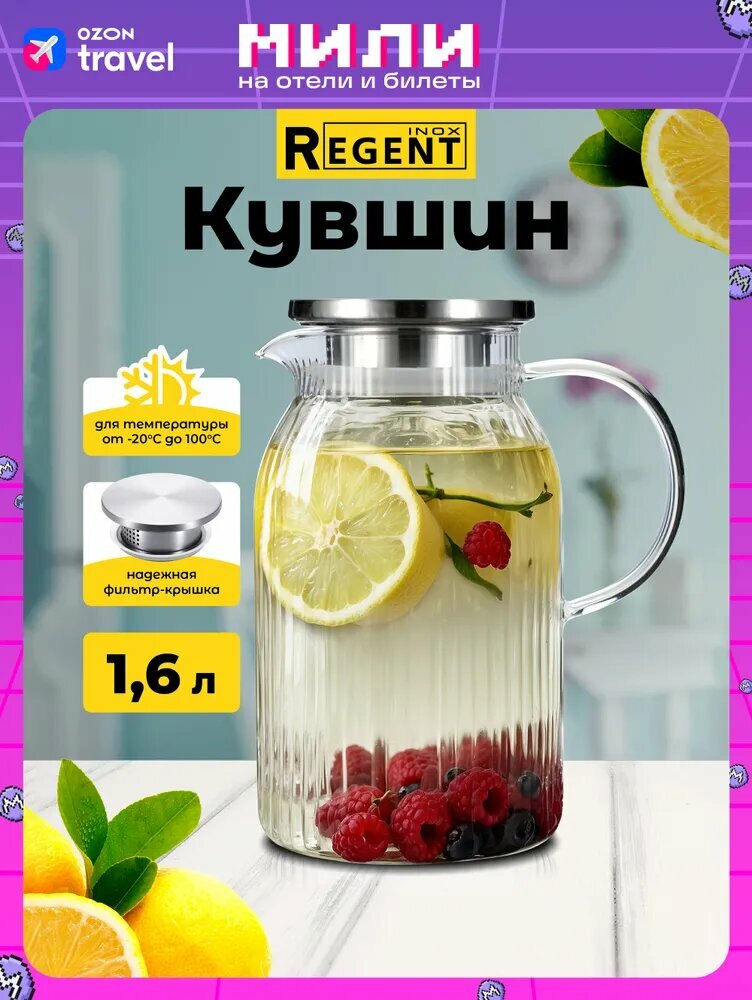 Графин для воды Regent Inox, кувшин 1,6 л Linea FRANCO, чайник заварочный стеклянный