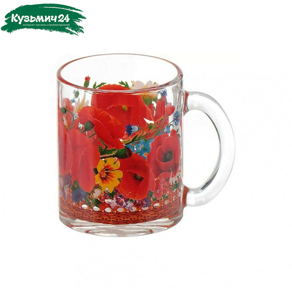 Кружка Декостек Маковое поле, стеклянная, прозрачная, объем 300 мл, эргономичная ручка