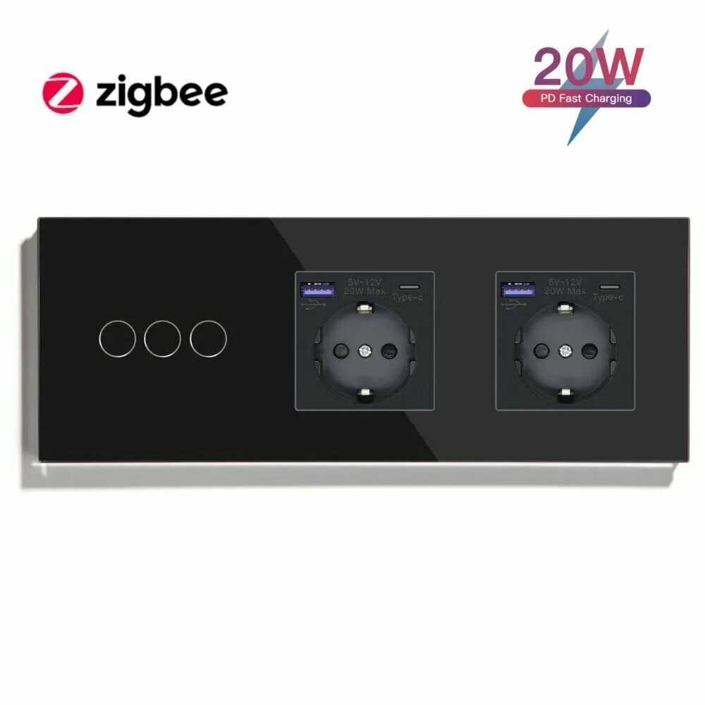 Сенсорный выключатель умный Zigbee с двумя розетками 20W TYPE-C и USB ,3 клавиша 2 розетки, с Алисой, голосовое управление, панель стекло