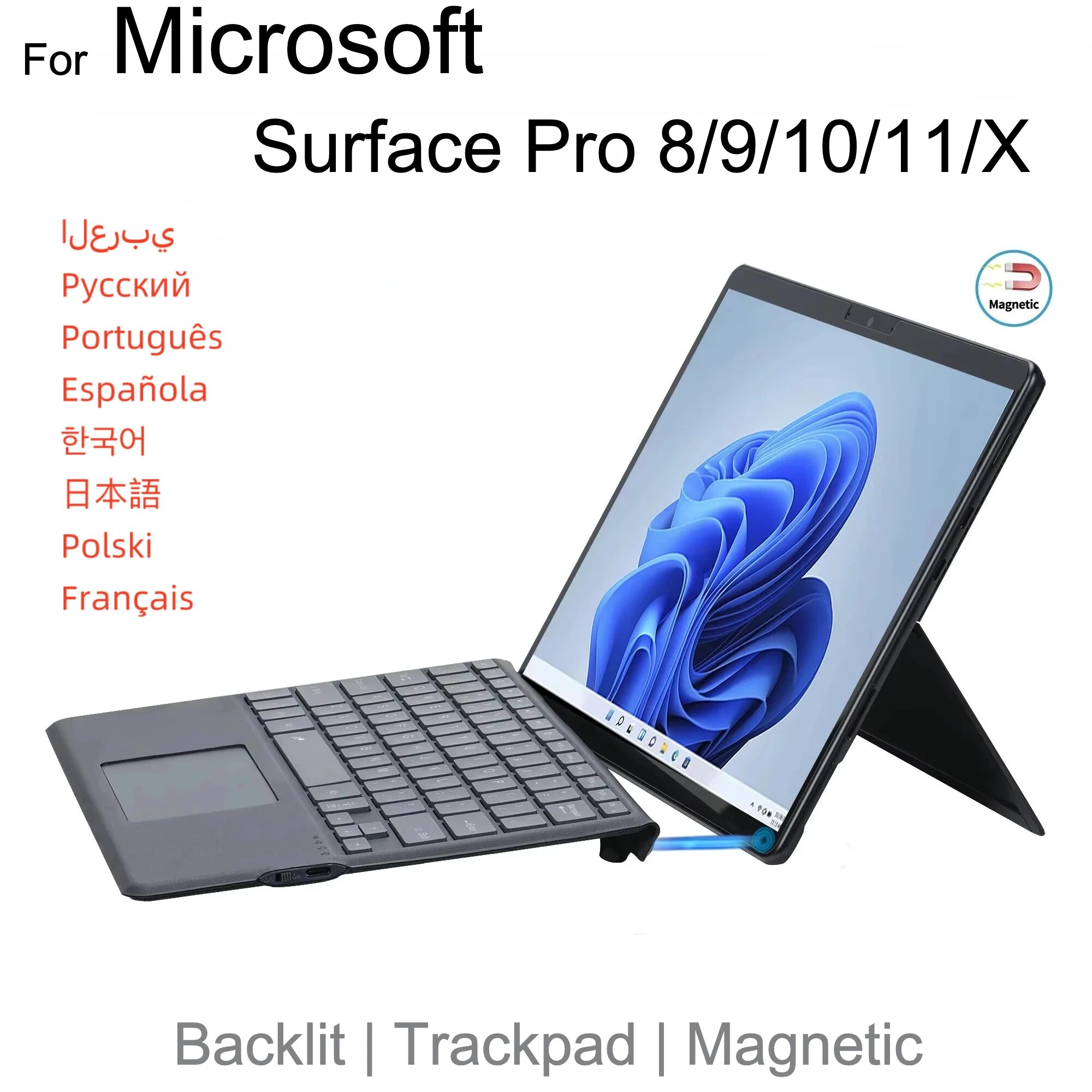 TOSINCEN Беспроводная подсветка клавиатура Bluetooth для Microsoft Surface Pro 8/9/10/11/X English keyboard