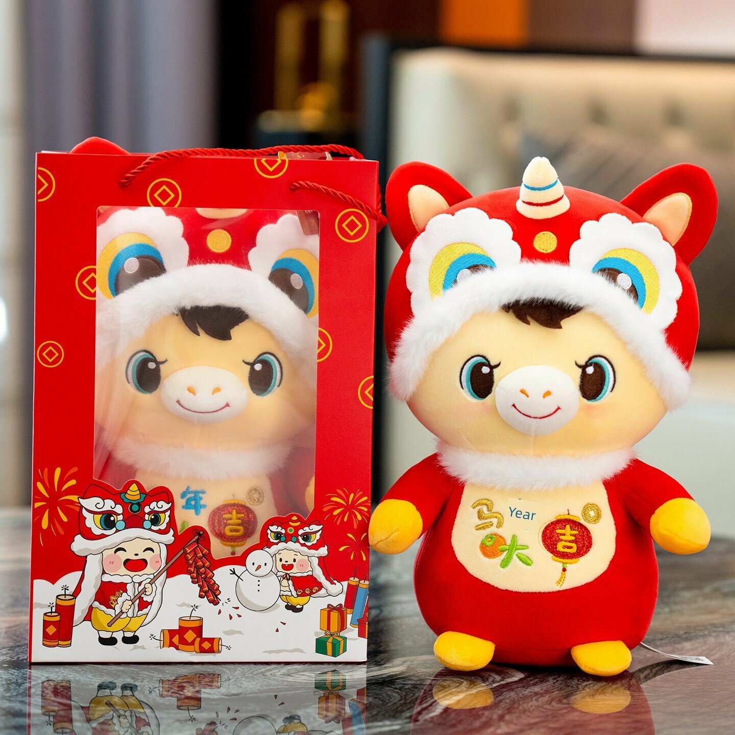 Милый плюшевый конь-лошадь в костюме льва, кукла-талисман Года Лошади, плюшевая игрушка, празднование года Лошади по