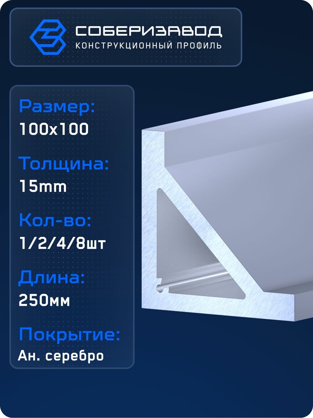 Профиль алюминиевый (уголок) 100х100х15 (Ан. серебро) / 250 мм - 1 шт / соберизавод