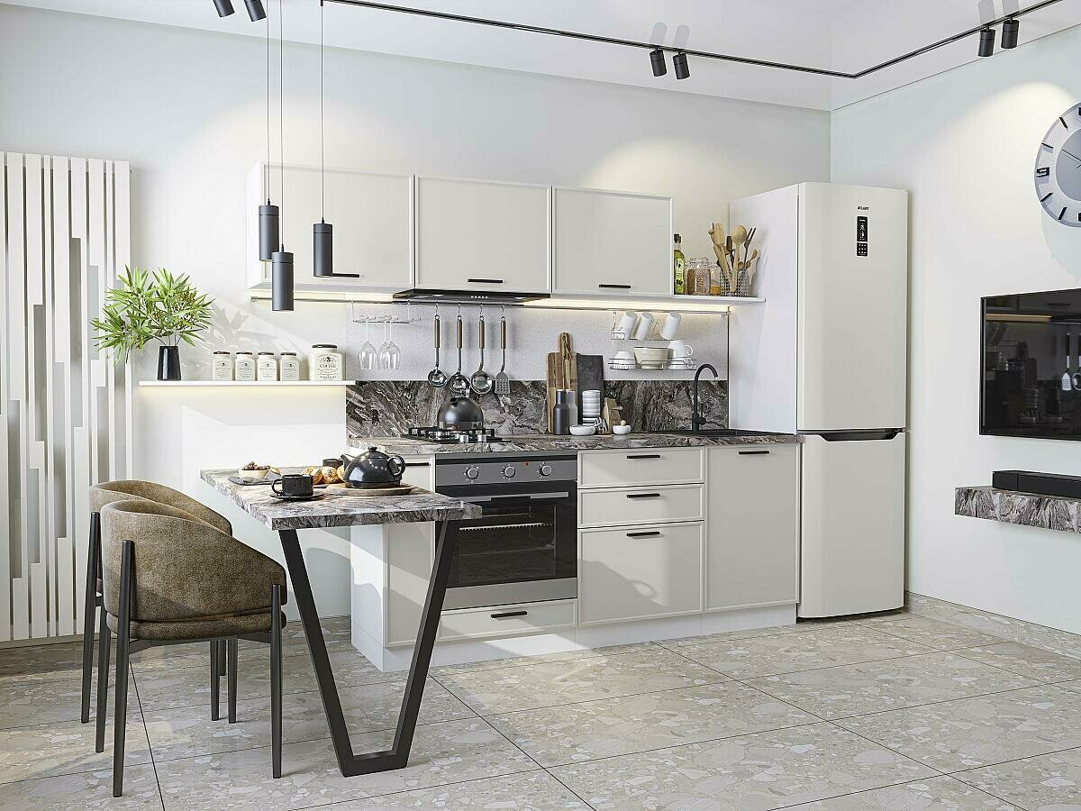 Кухонный гарнитур VIVAT Фрейм-01 Cream Silk, Белый, ЛДСП, МДФ, 230х178х60 см