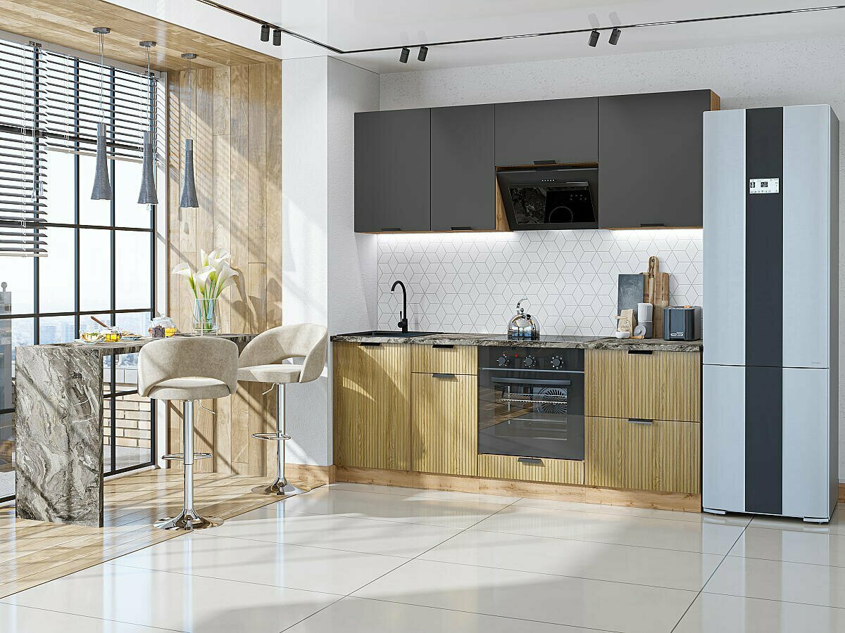 Кухня модульная прямая без столешницы 2 м Евро Лайн-02 Готовый кухонный гарнитур 2140*2000*600 Антрацит-Дуб песочный