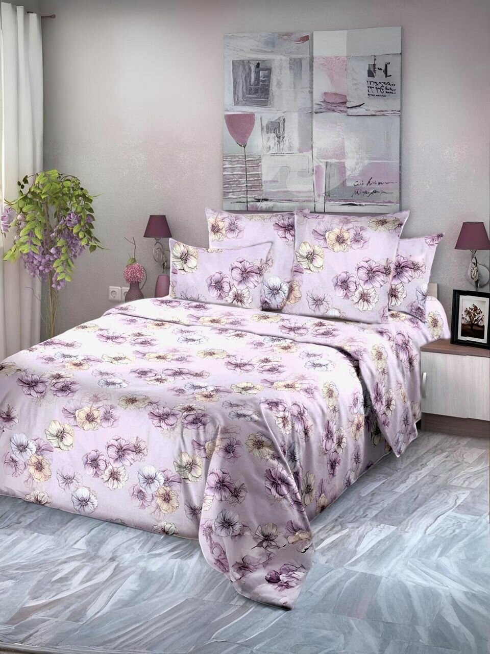 Постельное бельё сатин семейное на резинке 180х200х30 - "Лавандис" с наволочками 50х70