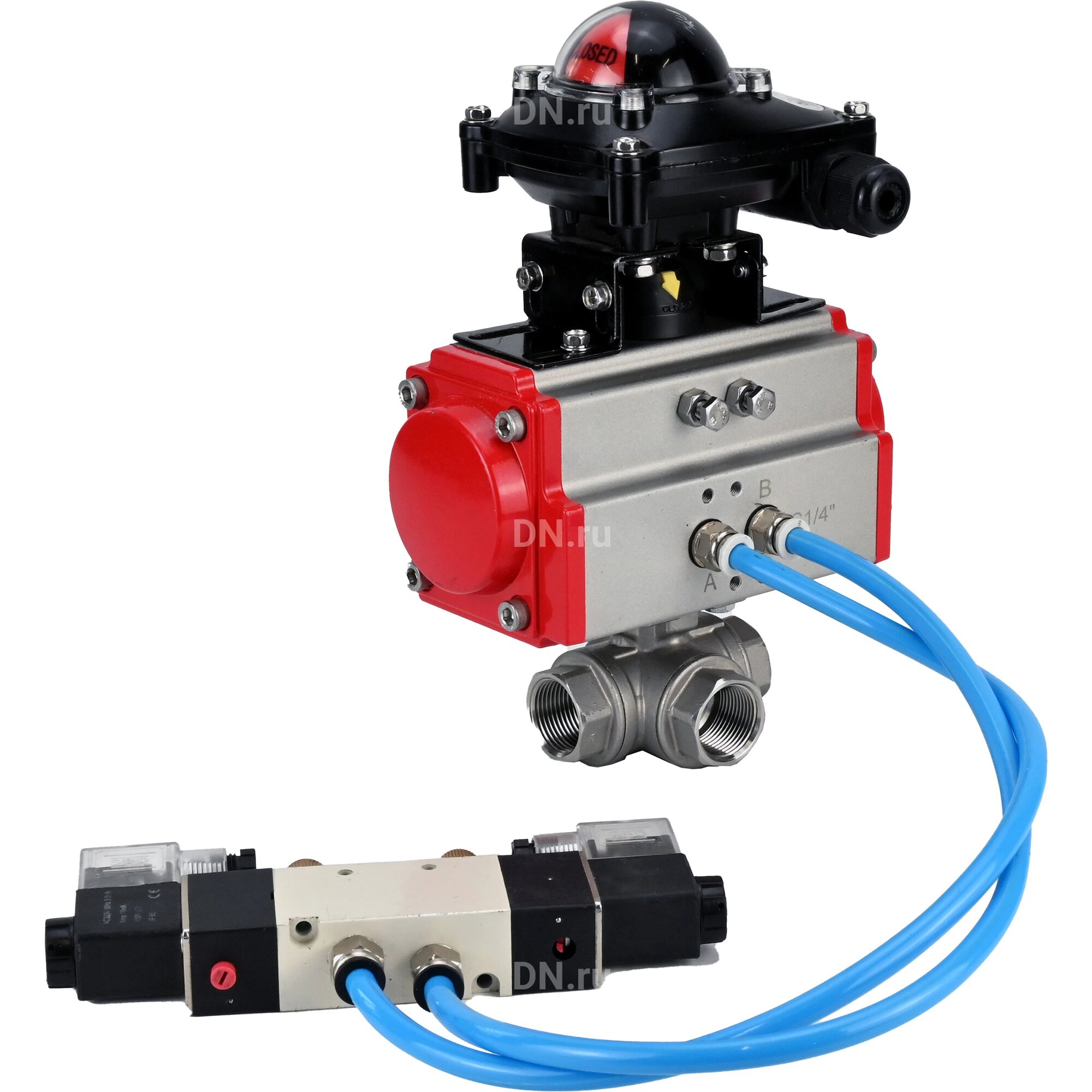 Кран шаровой DN.ru RP. SS316.200. MM.010(-100)-ISO L-тип Ду15 Ру63, стандартнопроходной, корпус - нержавеющая сталь 316, PTFE, внутренняя резьба, с пневмоприводом SA-052, пневмораспределителем PND1-S2EM-52-2-T10-220VAC, БКВ LSB-210-02NM12-220/24
