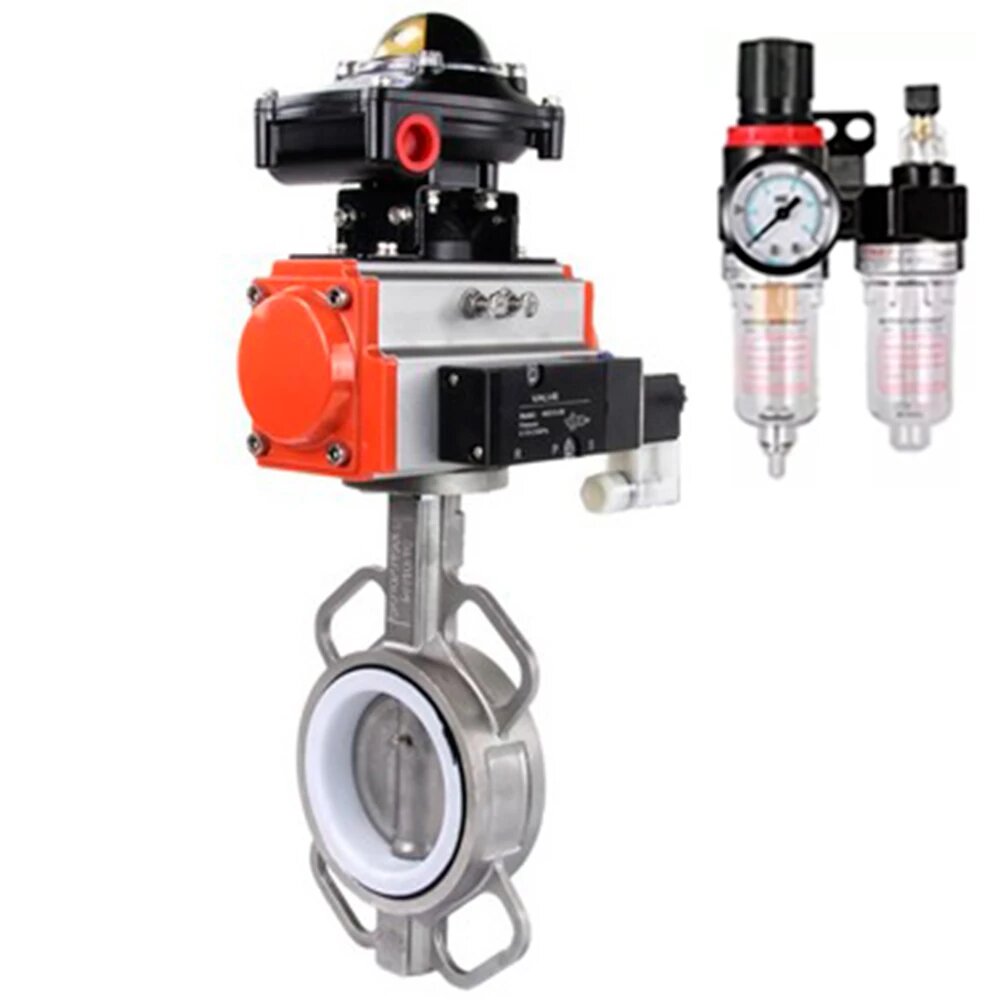 Затвор дисковый поворотный DN. ru 304-304-PTFE-2W-Fb-H Ду50 Ру16, нержавеющая сталь 304, уплотнение - PTFE, с пневмоприводом DA-065, пневмораспределителем PND2-S1EM-52-1NC-J08-24VDC, БКВ LSB-210-02NM12-220/24 и БПВ APU1-10-40-V08