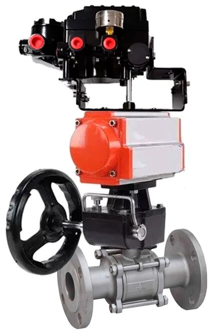 Кран шаровой DN.ru кшфпт.304.180 Ду20 Ру40, трехсоставной полнопроходной фланцевый, нержавеющая сталь SS304, PTFE, с пневмоприводом DA-052, с ручным дублером HDM-1 и с электропневматическим поворотным позиционером EPRP1-NU-0-08 без обратной связи