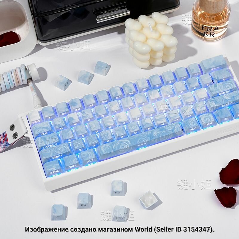 Кейкапы для механической клавиатуры, Rose Coast (синий), 130 шт, PBT, пятисторонняя сублимационная печать, боковая подсветка, профиль Cherry, в коробке