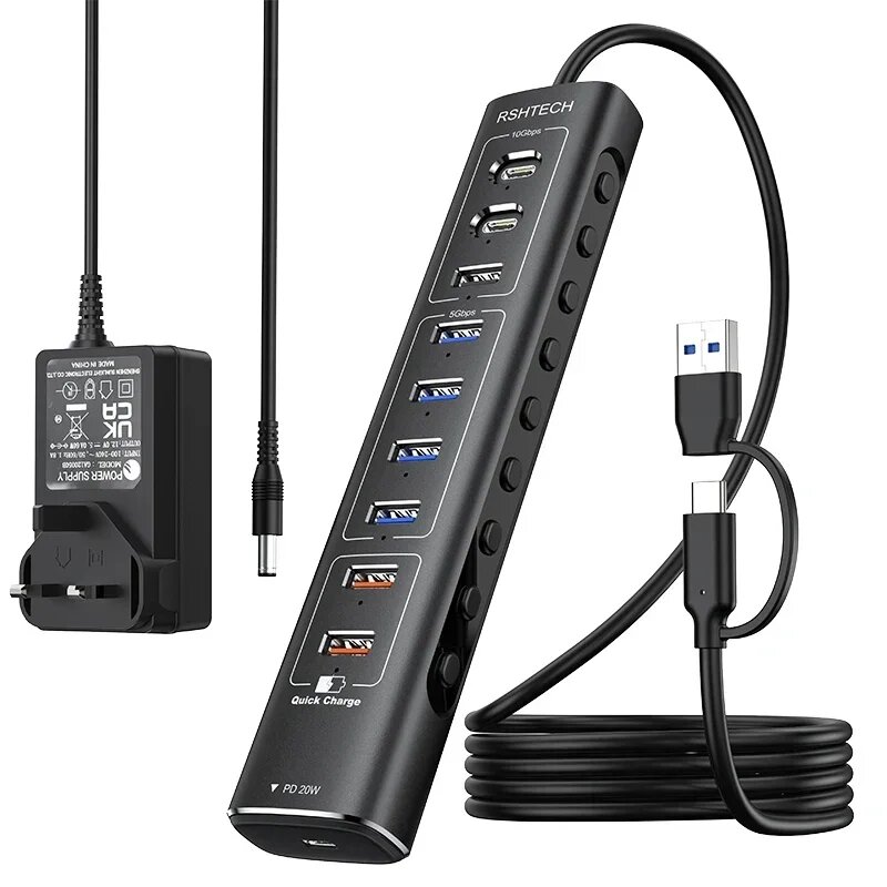 RSHTECH USB 3.2 10-портовый концентратор 10 Гбит/с Type-C PD USB C Мультиконцентратор 60 Вт USB-A 3.2 QC3.0 Порты зарядки Алюминиевый USB-разветвитель для ноутбука