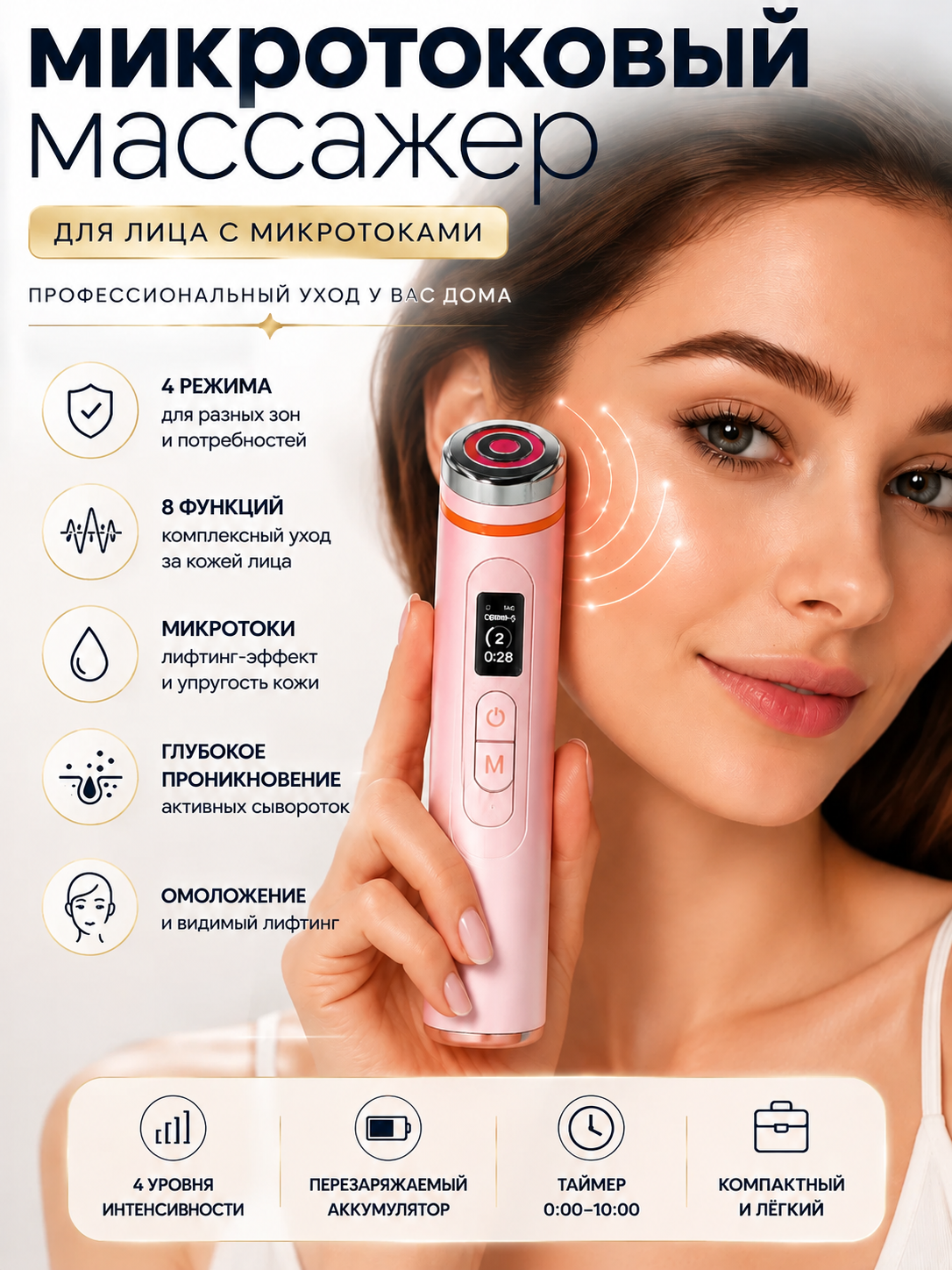 Аппарат для лифтинга лица Medicube 4-в-1, микротоковый массажер, 4 режима (EMS/MC/Booster/Derma), LED-свет, для сужения пор и омоложения
