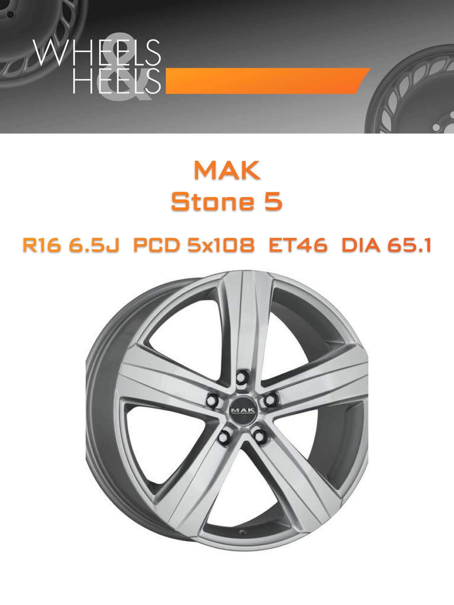 Диск автомобильный литой MAK Stone 5 16x6.5 5x108 et46 dia65.1 Серебристый