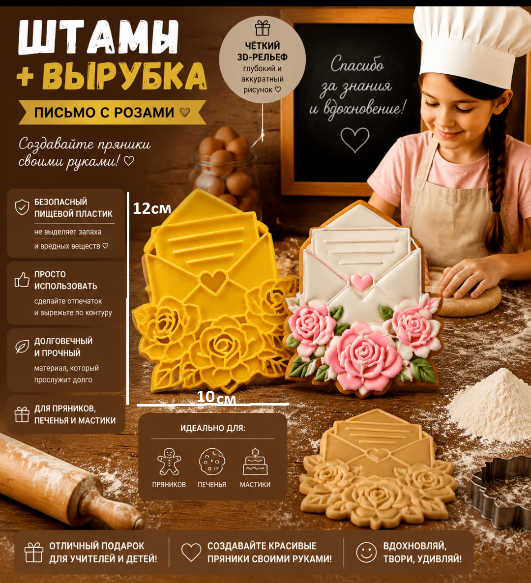Формочка для пряников "Конверт с розами" (12*10)