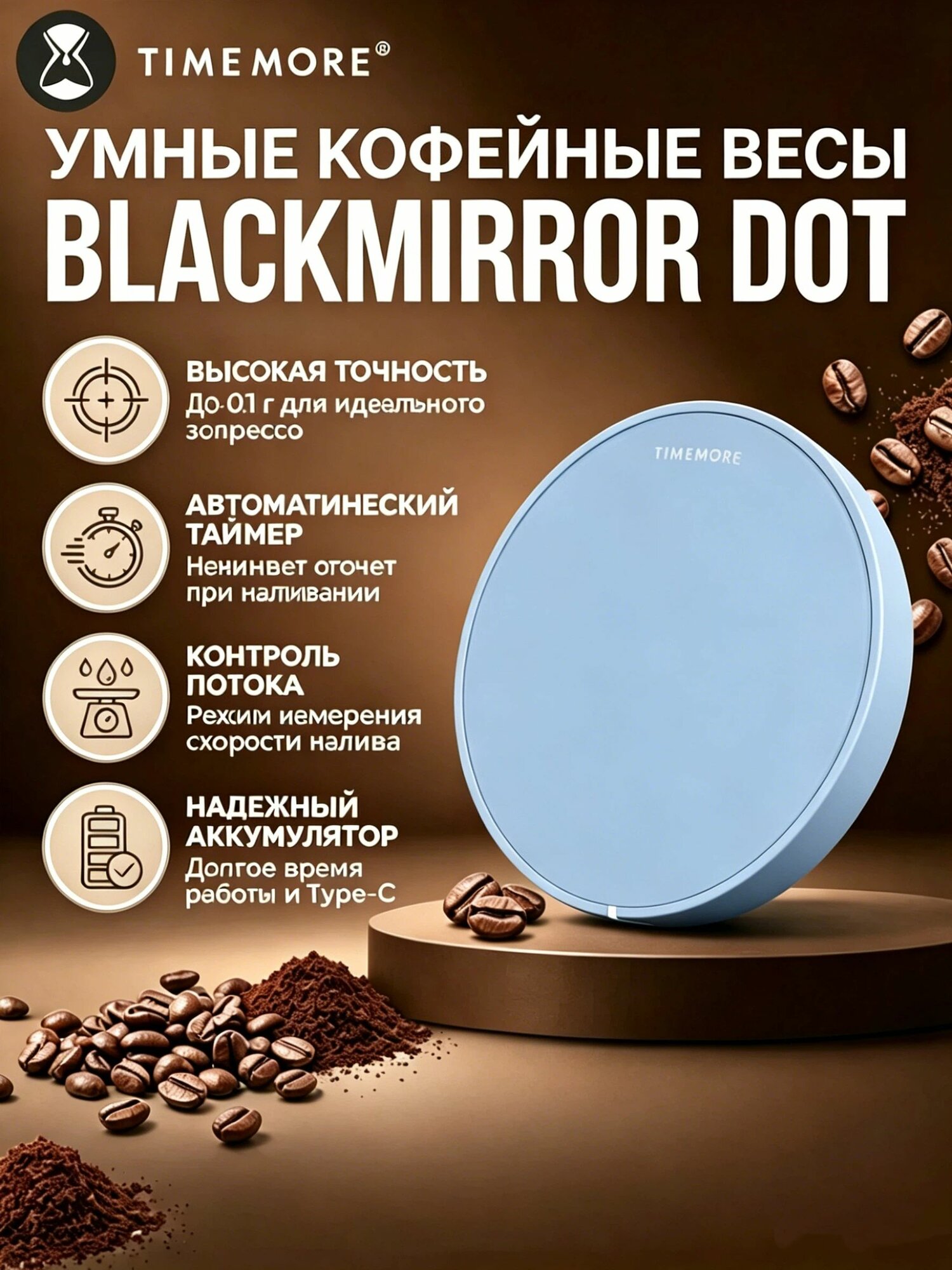 Timemore Электронные кухонные весы Black Mirror Dot, высокоточное взвешивание весом 0,1 г, подключение к интеллектуальному приложению, водонепроницаемость IPX3, синий