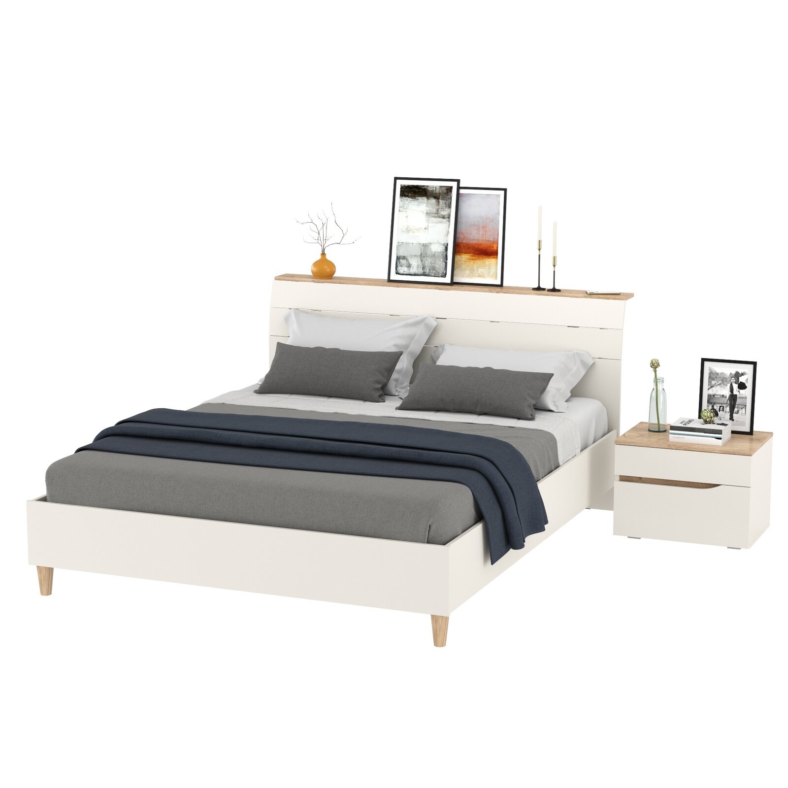 Кровать двуспальная Муссон 11600 с ортопедическим основанием и прикроватная тумба белый/дуб эндгрейн