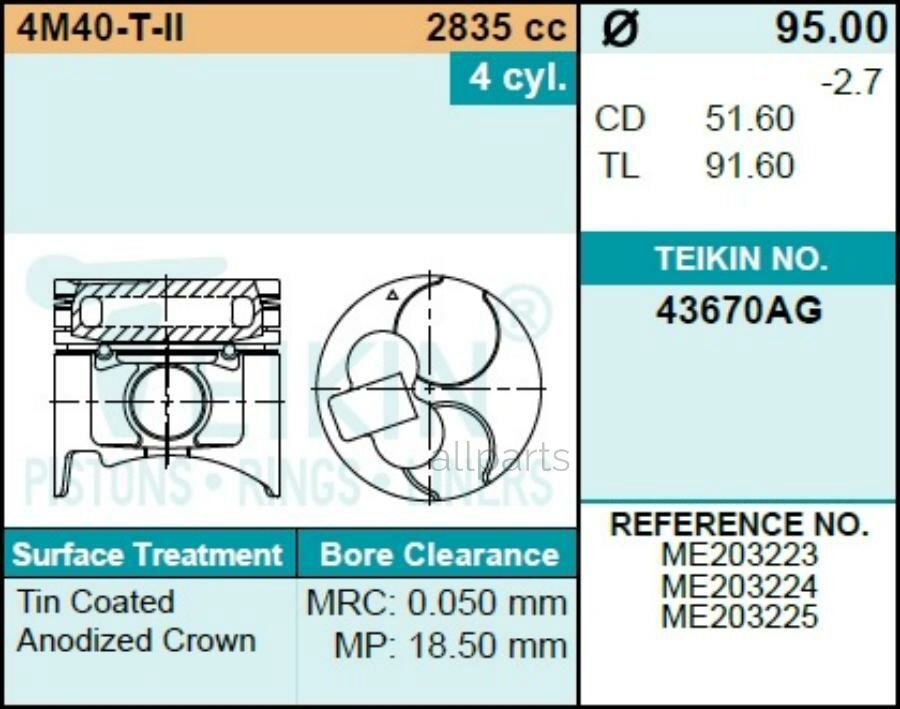 TEIKIN 43670AG STD Поршень (к-т 4 шт с охлаждением) STD MITSUBISHI CHALLENGER/PAJERO/MONTERO 4M40 94-