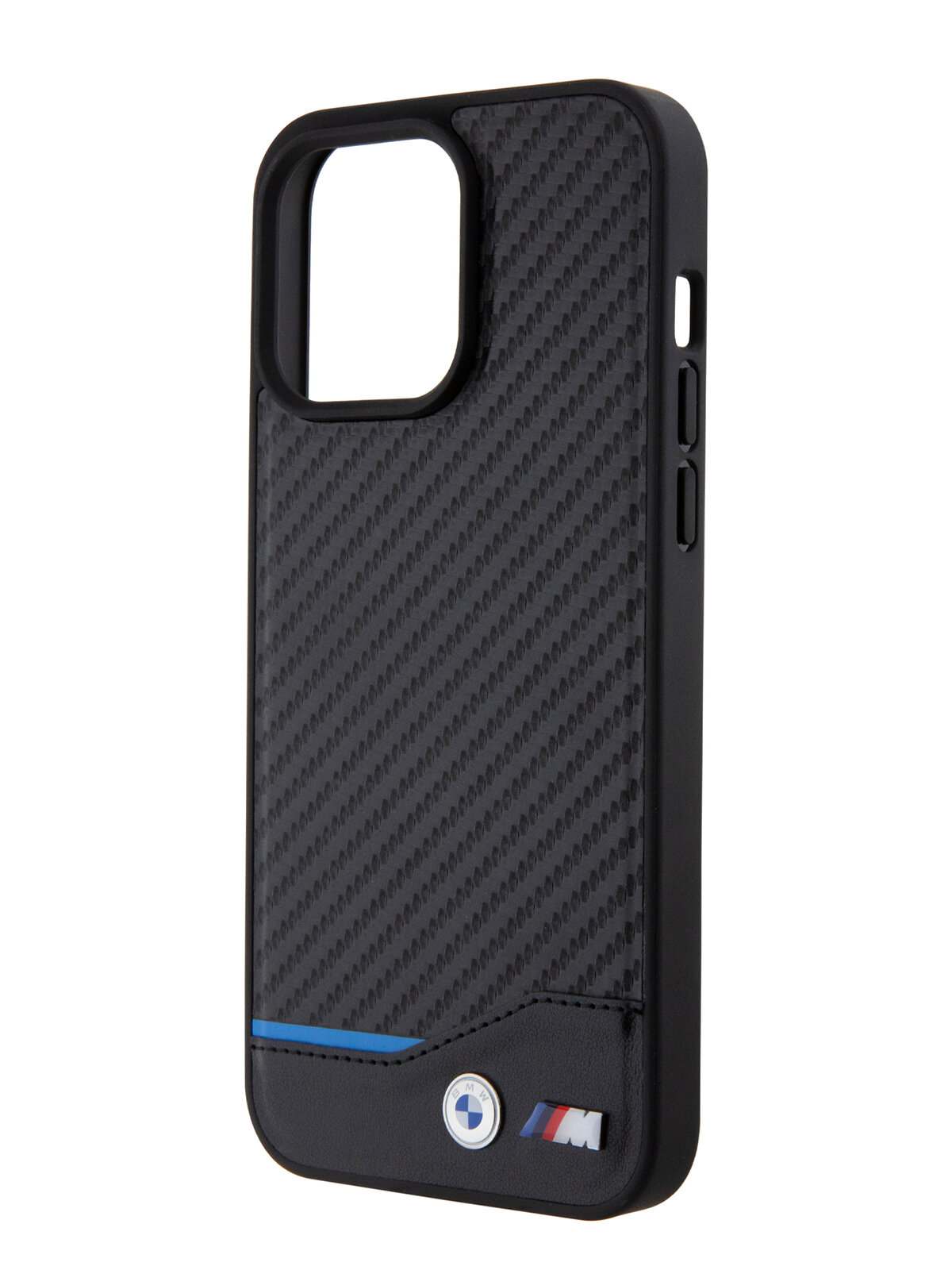 BMW для iPhone 15 Pro Max чехол M-Collection PU Carbon with blue line Hard Black (MagSafe)