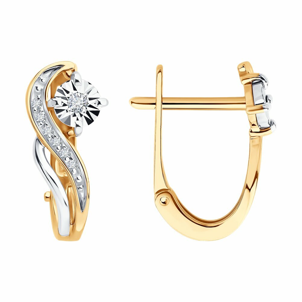 Серьги, комбинированное золото, 585 проба, бриллиант